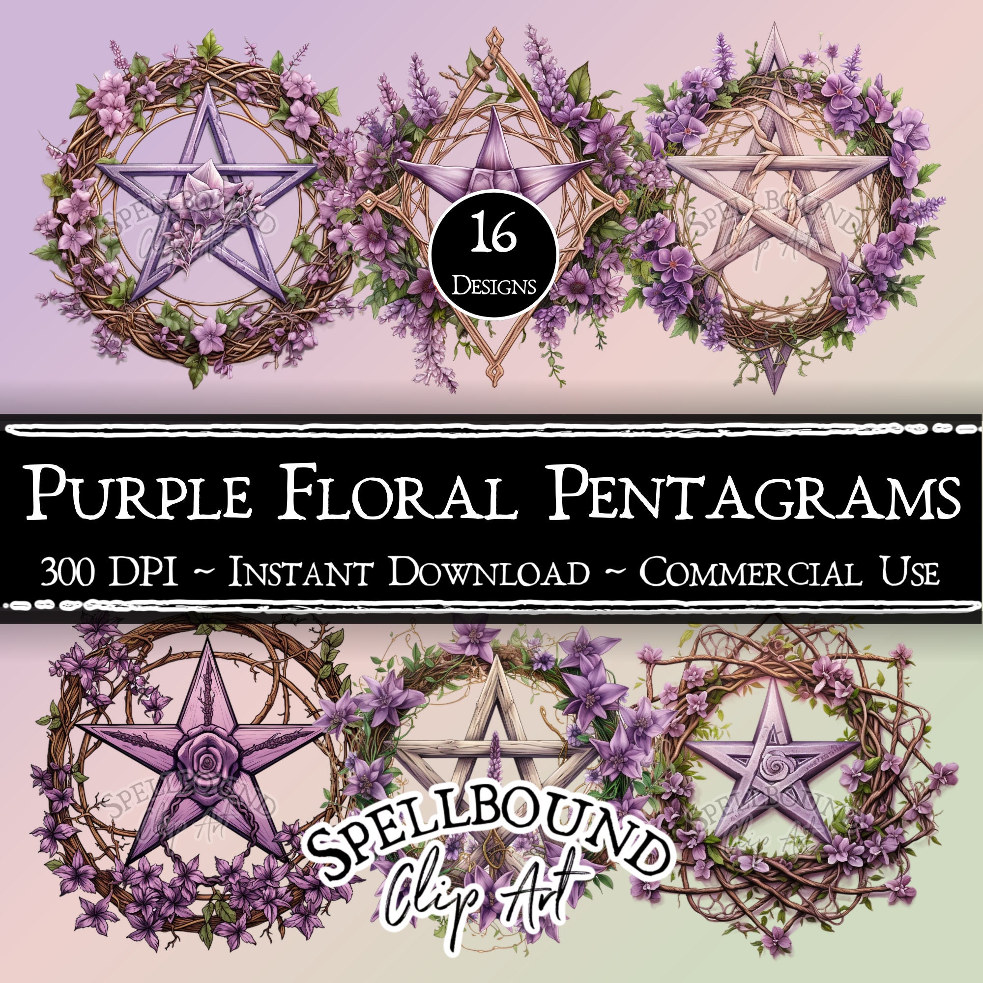Purple Floral Pentagrams Digital Clipart, Commercial Use, Instant ...