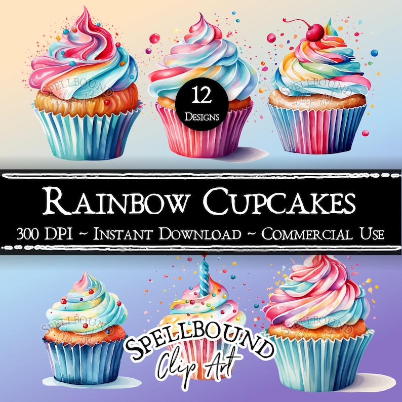Rainbow Cupcakes Digital Clipart, Commercial Use, Instant Download ...
