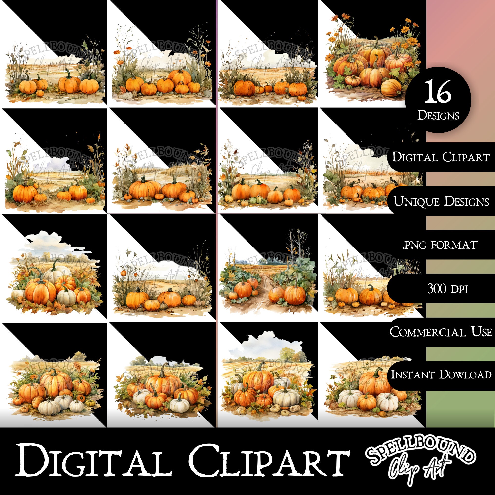 Watercolor Pumpkin Patch Clipart, Commercial Use, Instant Download ...