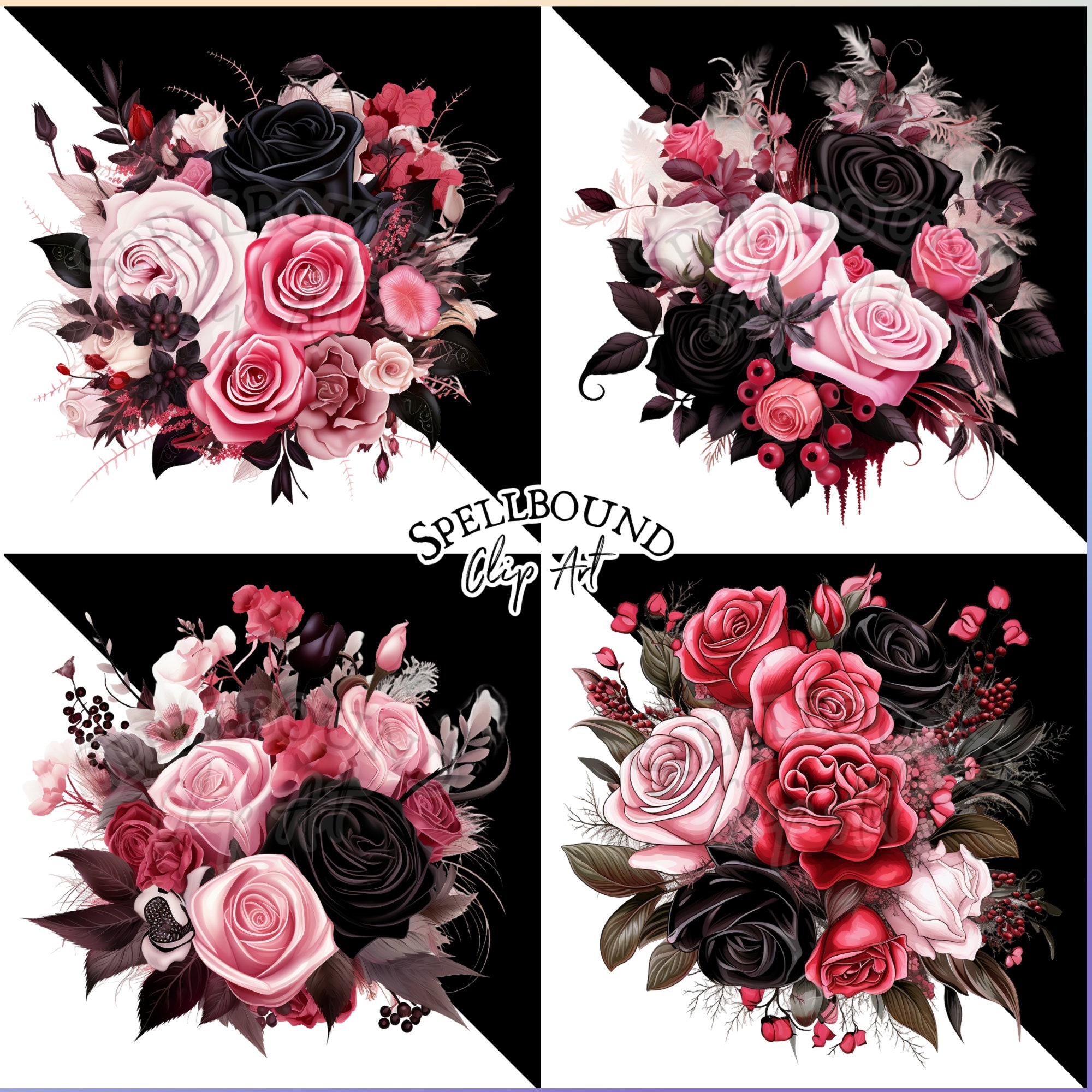 Goth Valentine's Day Flower Bouquets Digital Clipart, Commercial Use ...