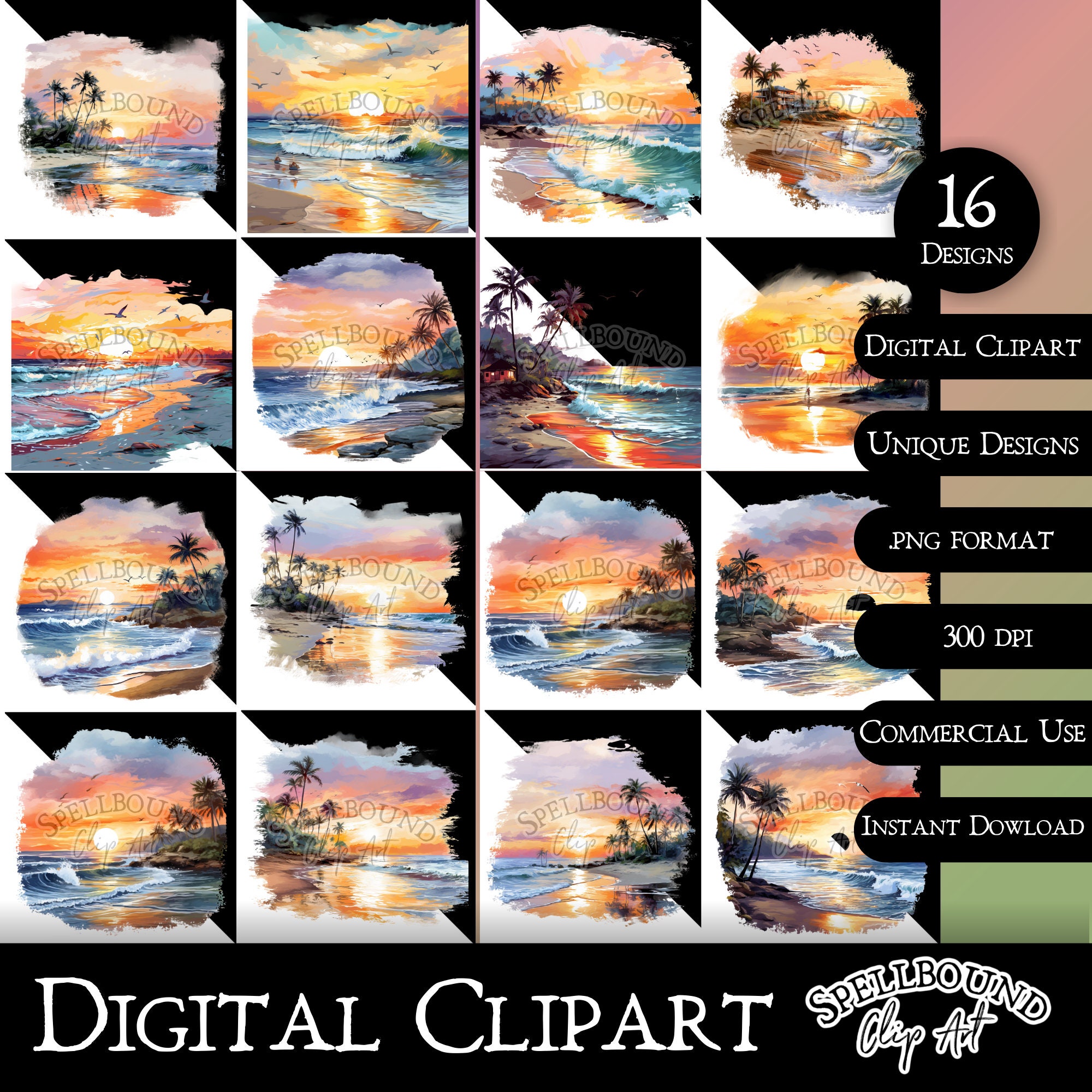 Beach Sunset Scenes Digital Clipart, Commercial Use, Instant Download ...