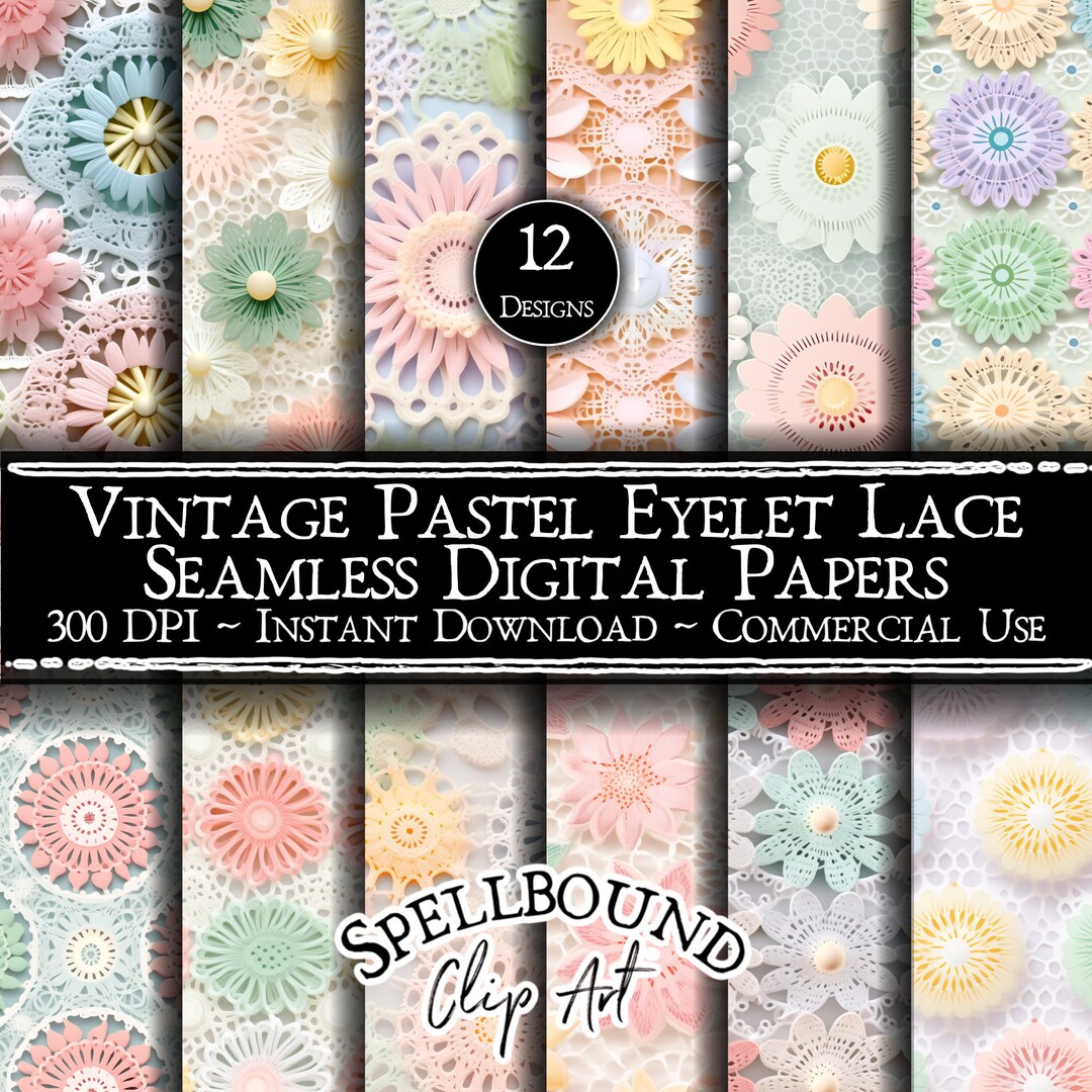 Vintage Pastel Eyelet Lace Seamless Digital Papers, Commercial Use ...