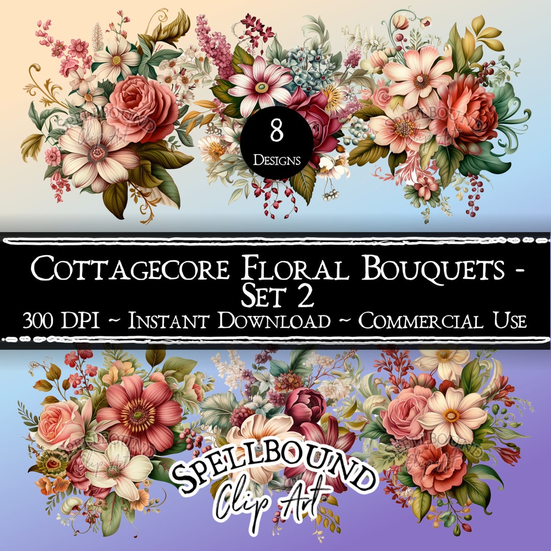 Cottagecore Flower Bouquets Digital Clipart, Commercial Use, Instant ...