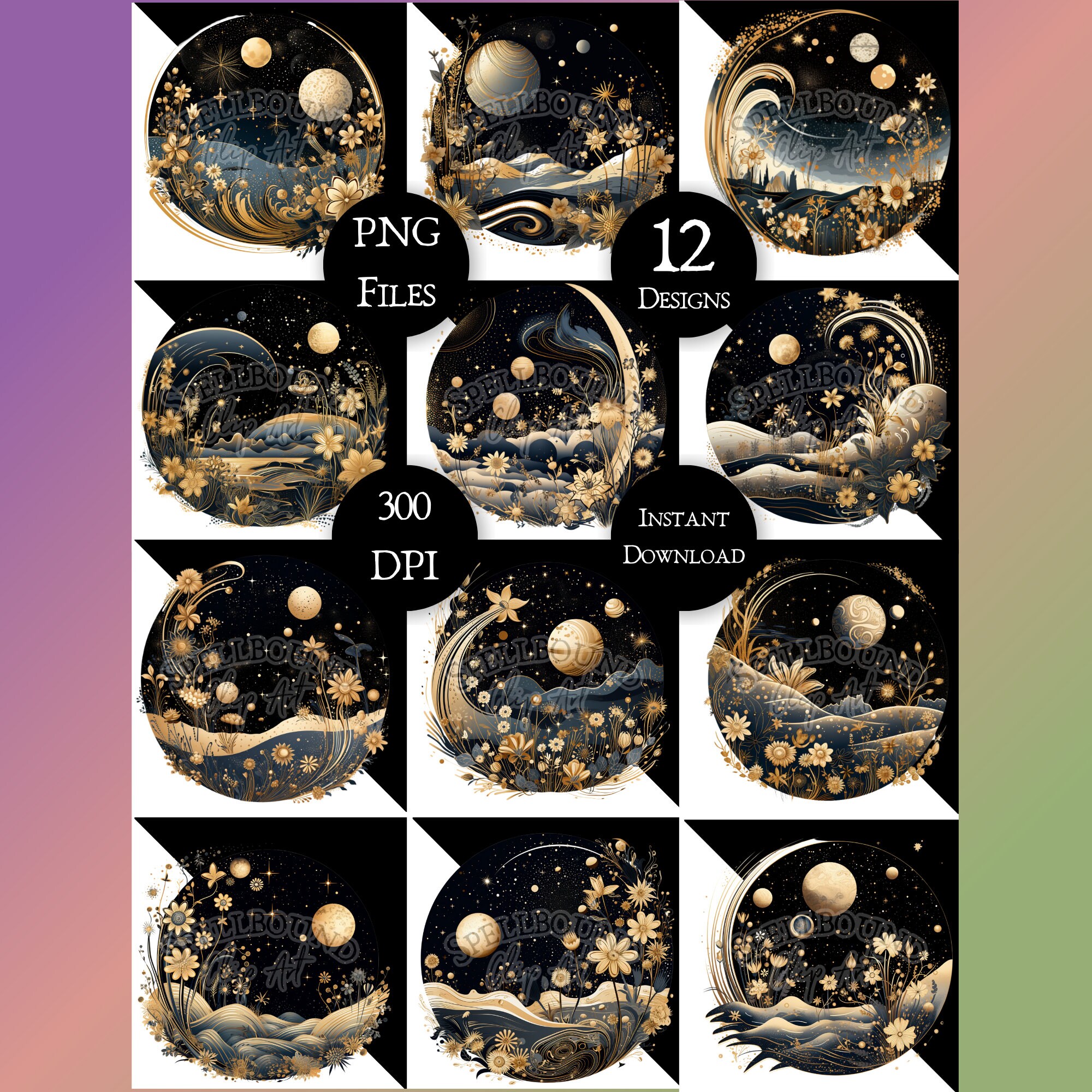 Celestial Night Sky Scenes Digital Clipart, Commercial Use, Instant ...