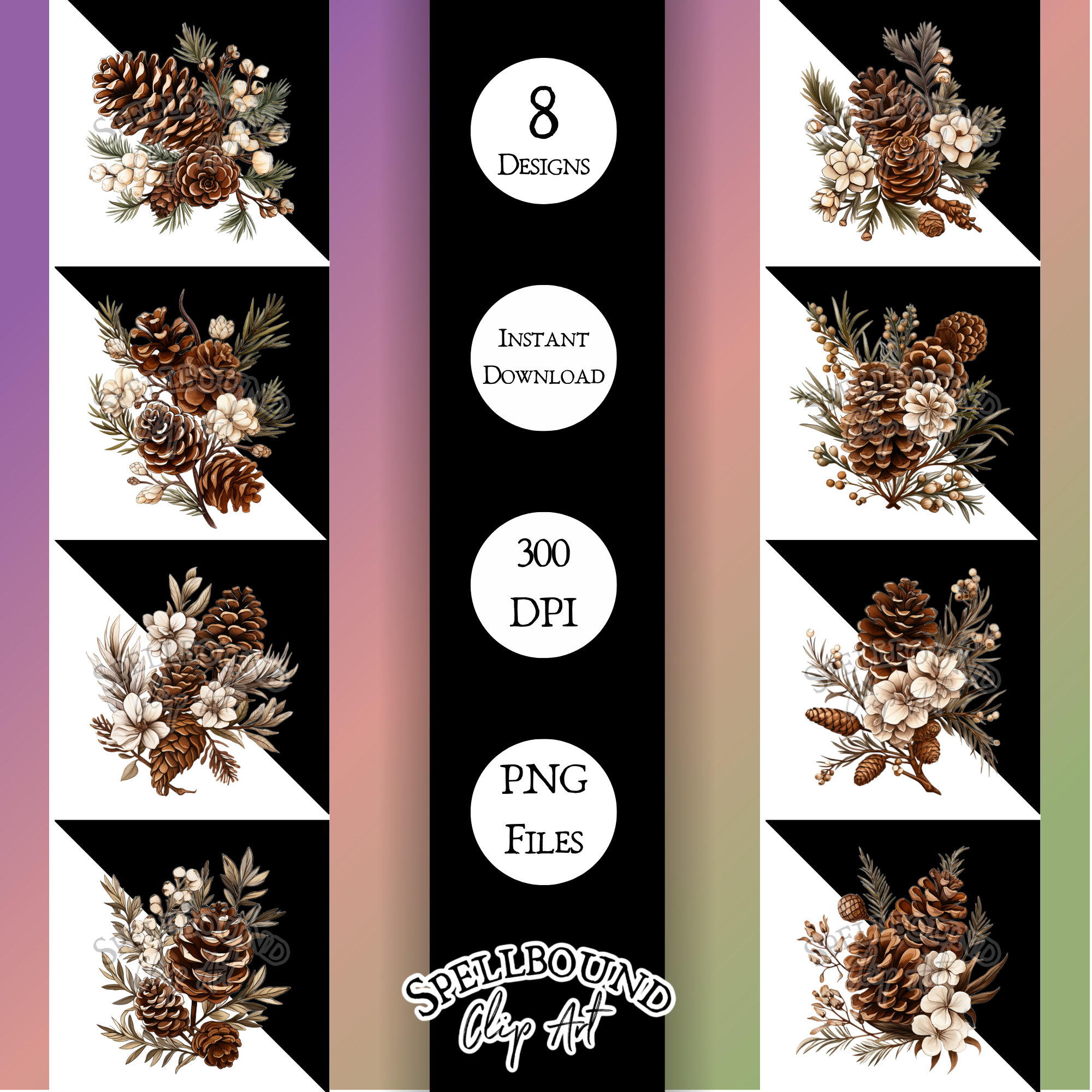 Floral Pinecones Digital Clipart, Commercial Use, Instant Download ...