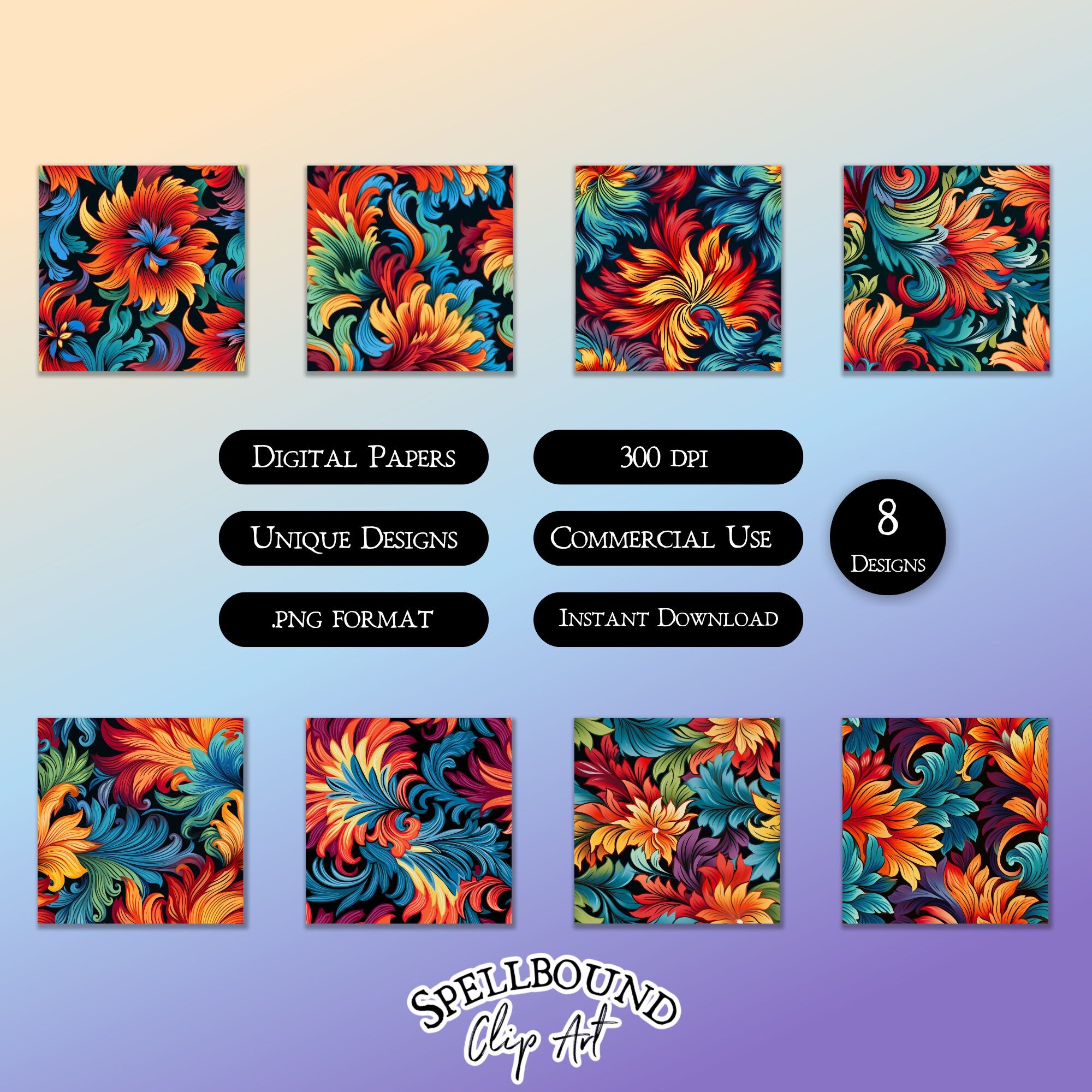 Rainbow Filagree Flower Seamless Digital Papers, Commercial Use ...