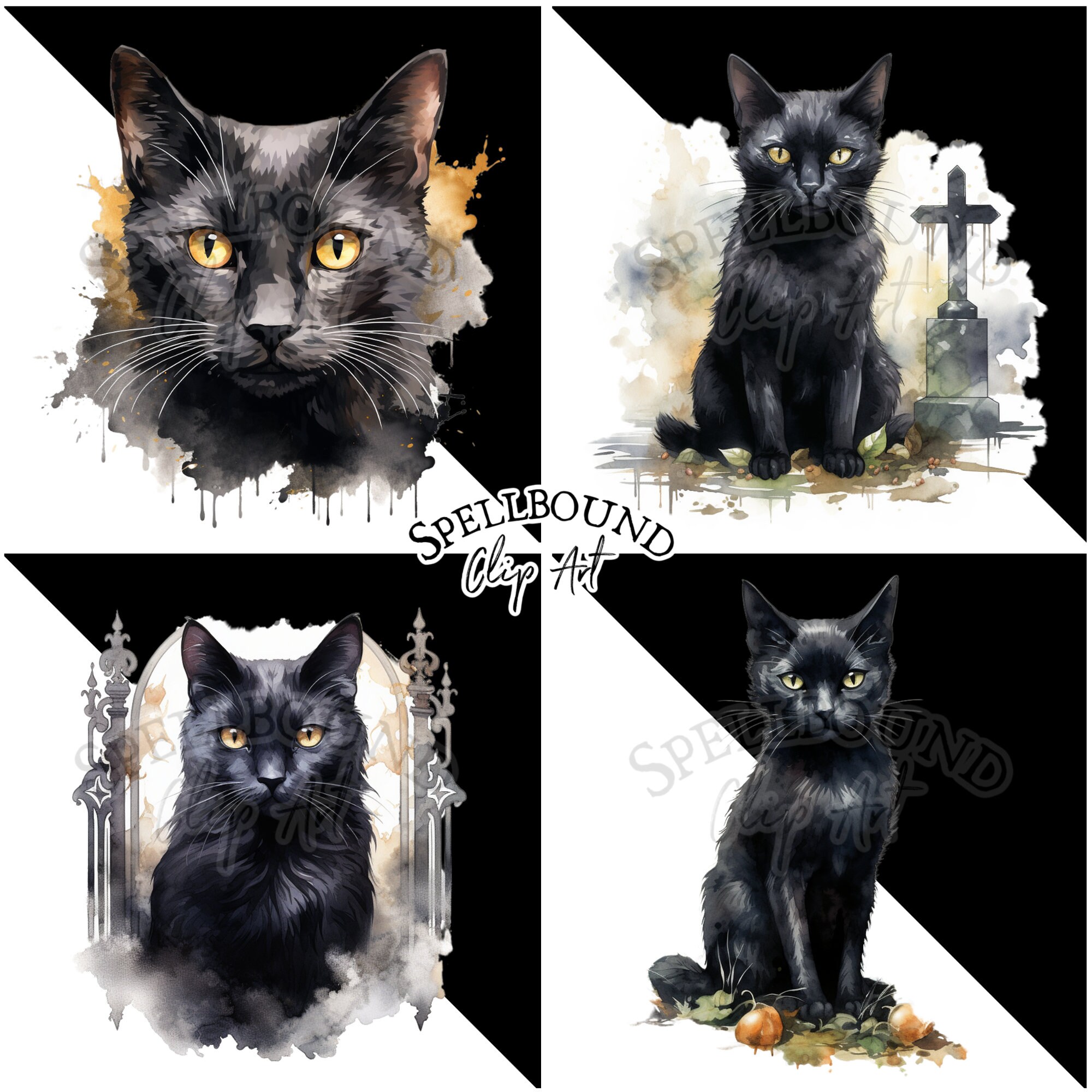 Watercolor Creepy Black Cats Digital Clipart, Commercial Use, Instant ...