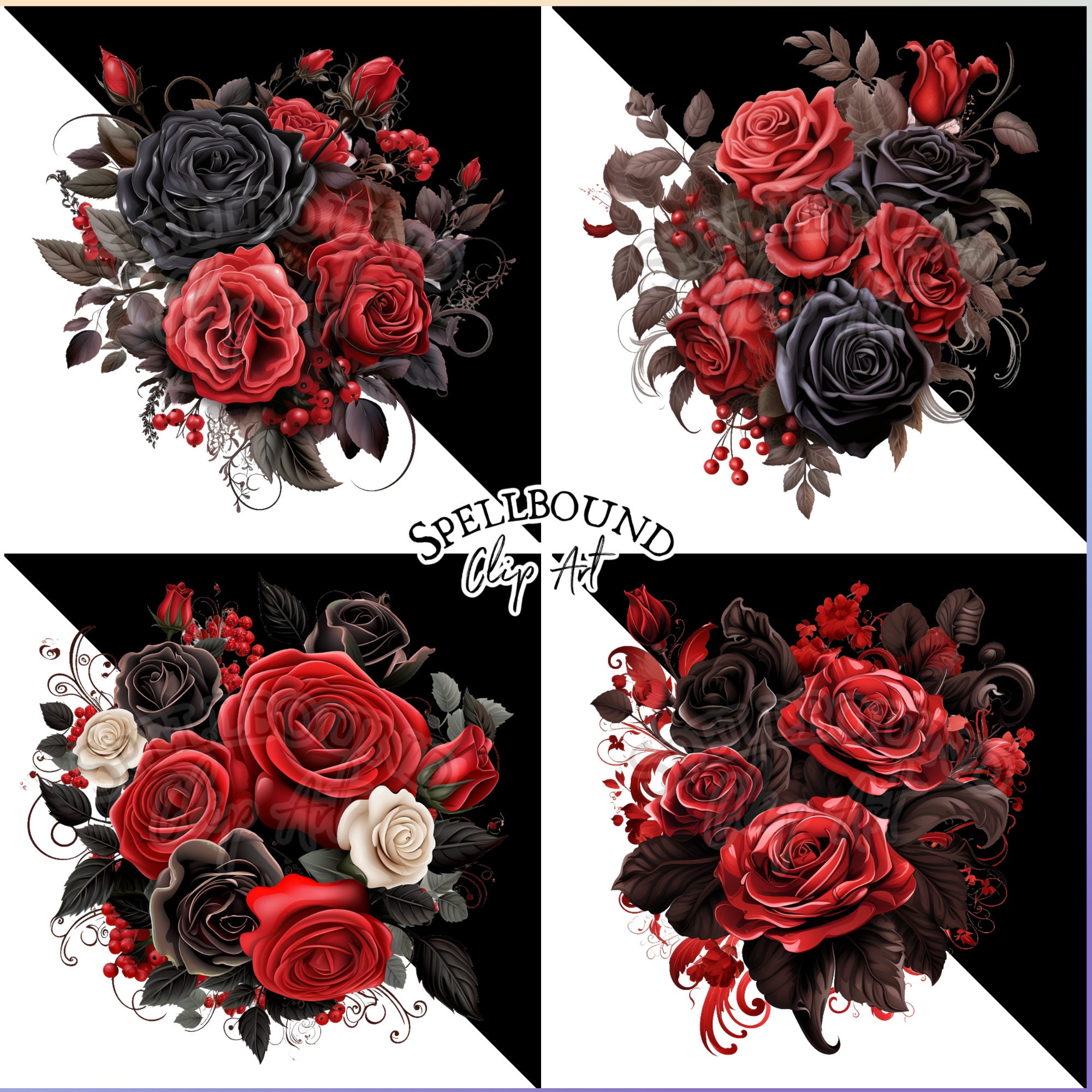 Red & Black Flower Bouquets Digital Clipart, Commercial Use, Instant ...