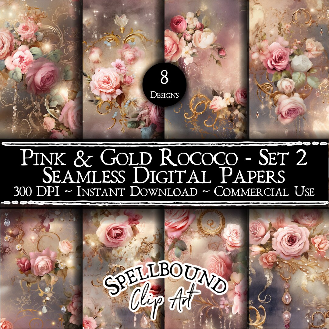 Pink & Gold Baroque Wallpaper Seamless Digital Papers, Commercial Use ...
