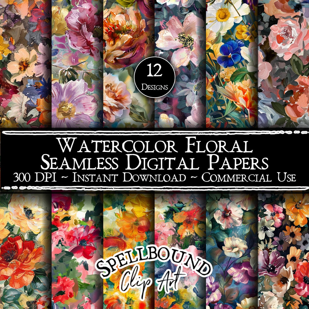 Watercolor Floral Seamless Digital Papers, Commercial Use, Instant ...