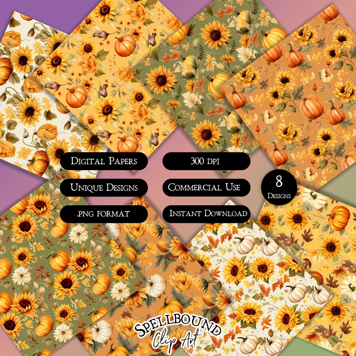Sunflower and Pumpkin Digital Papers, Seamless, Commercial Use, Instant ...