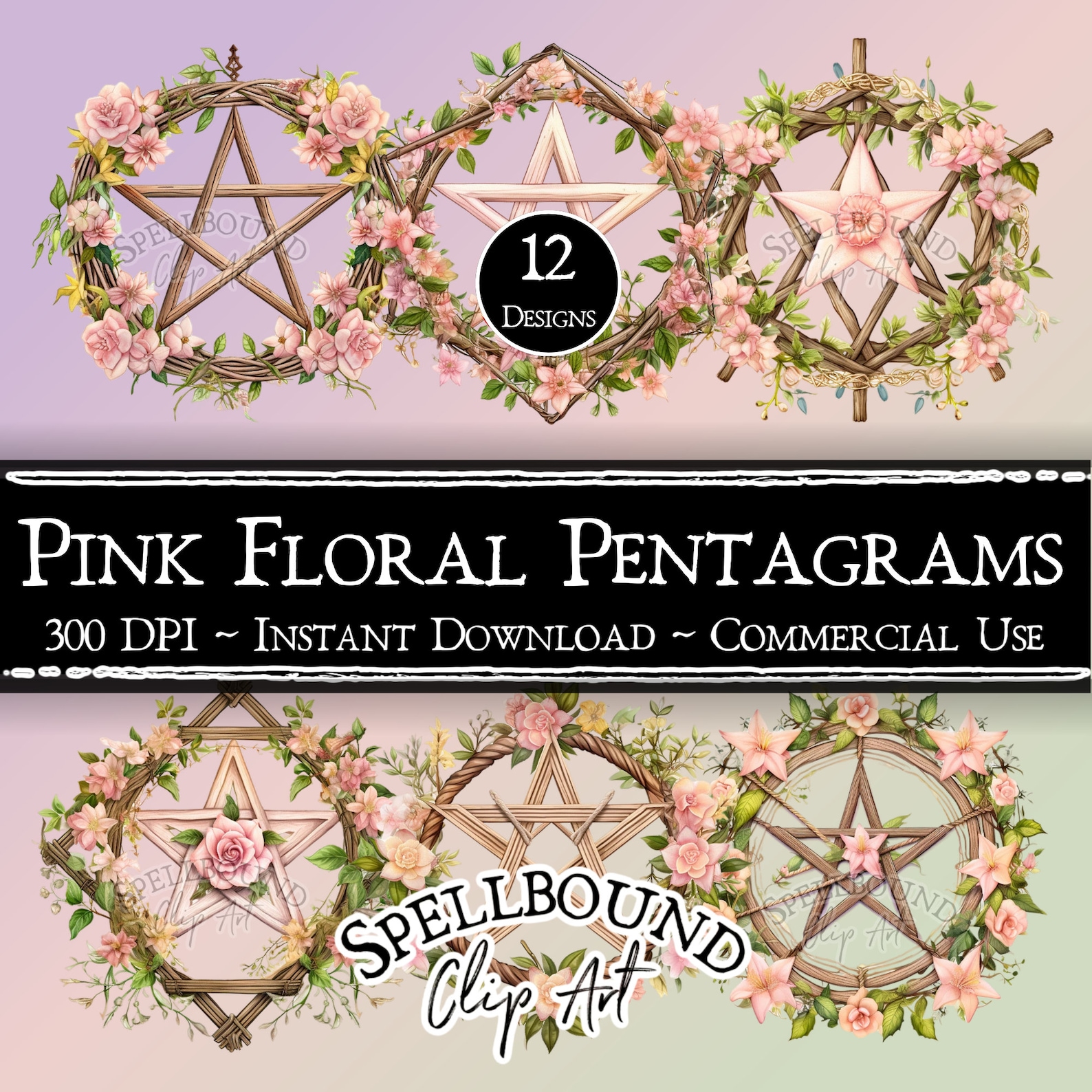Pink Floral Pentagrams Digital Clipart, Commercial Use, Instant ...