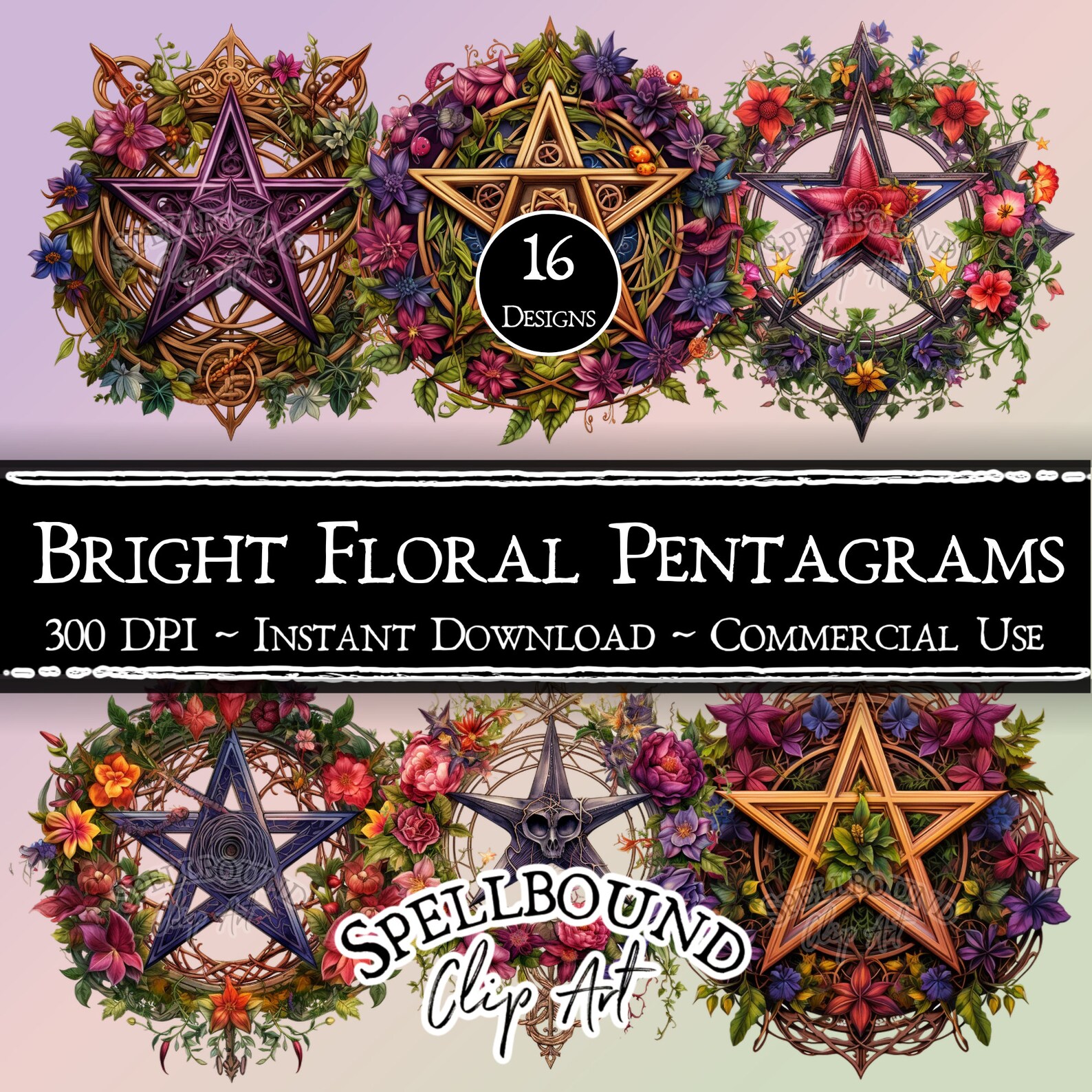 Bright Floral Pentagrams Digital Clipart, Commercial Use, Instant ...