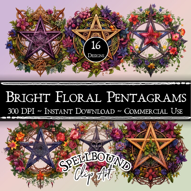 Bright Floral Pentagrams Digital Clipart, Commercial Use, Instant ...