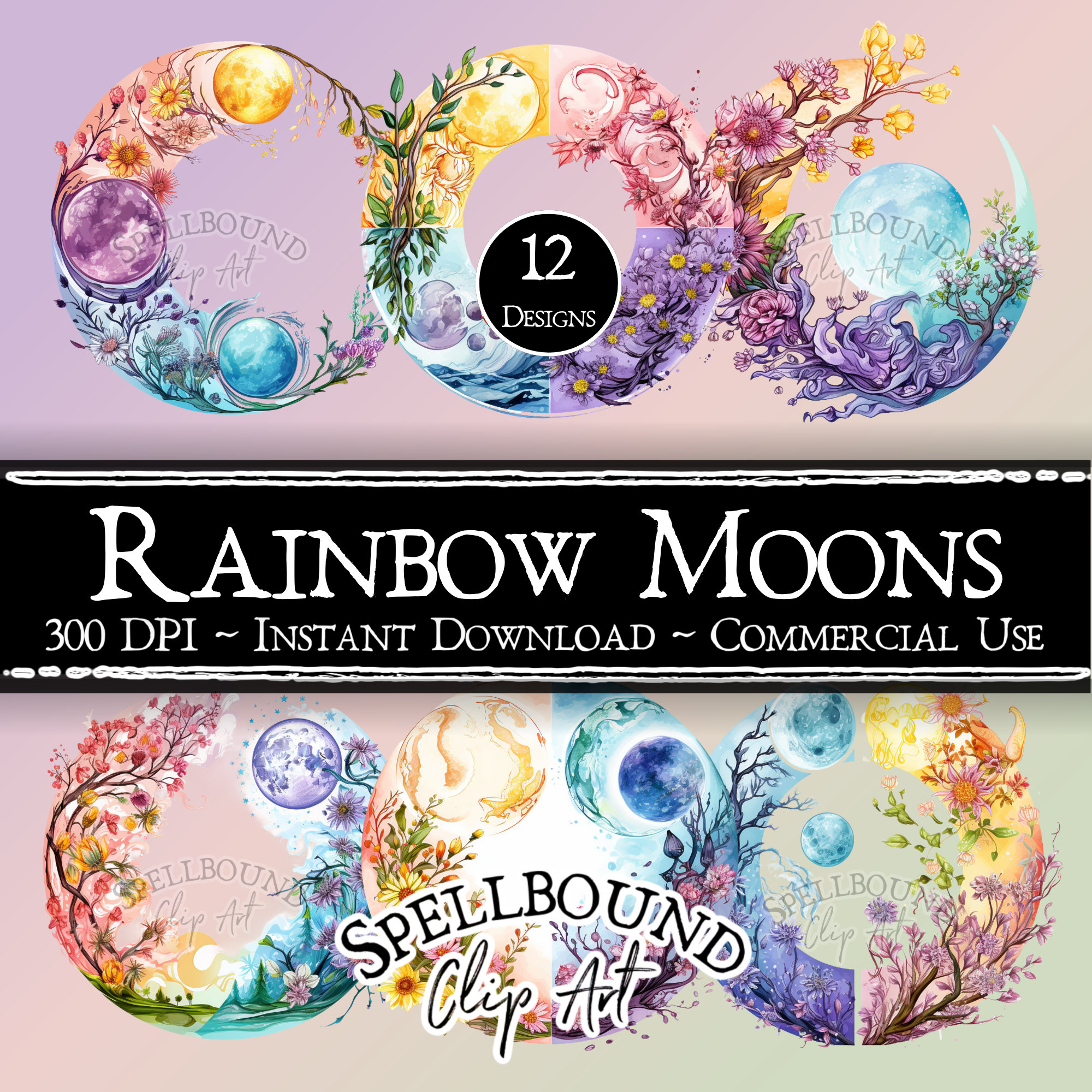Rainbows Moons Digital Clipart, Commercial Use, Instant Download, Moon ...