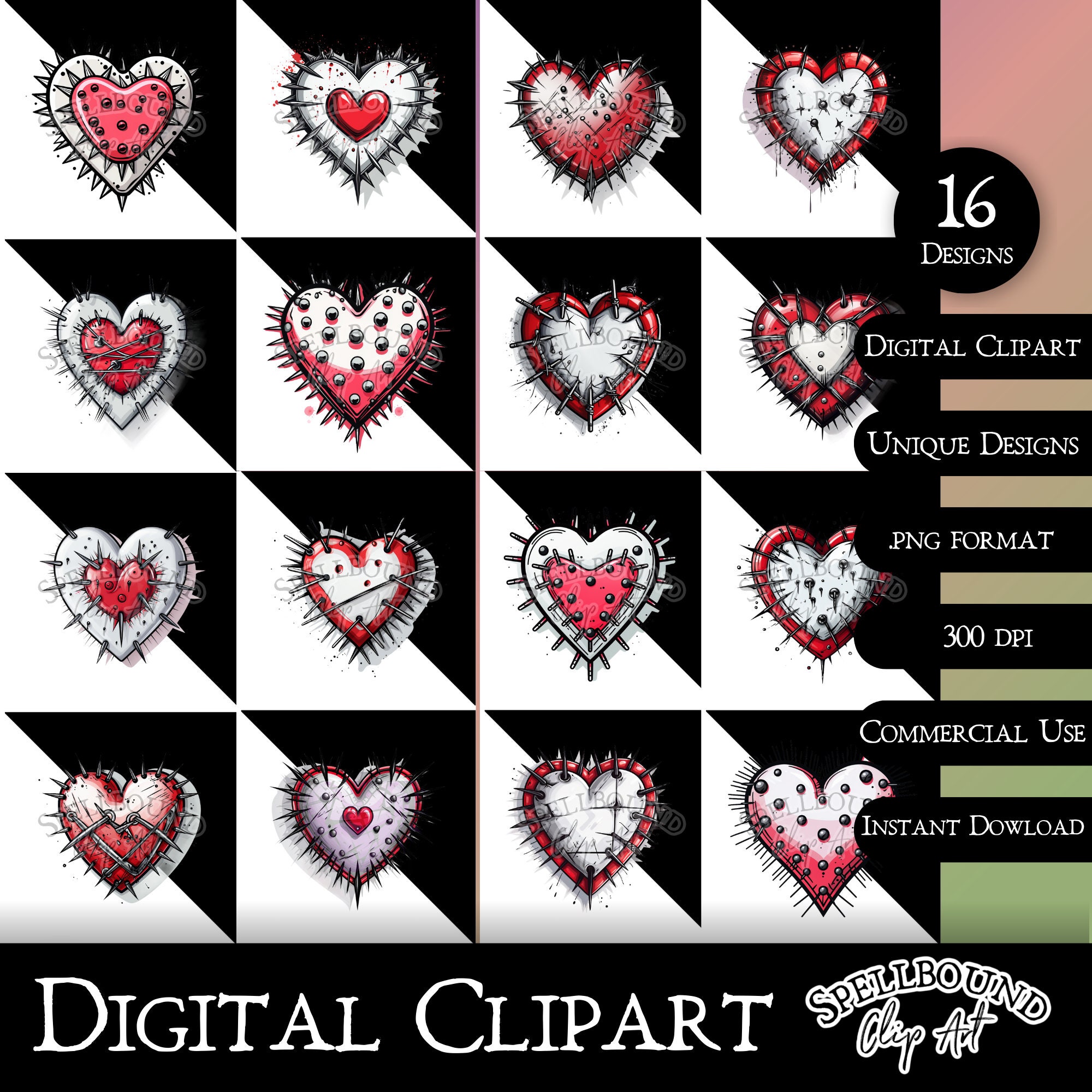 Red Punk Hearts Digital Clipart, Commercial Use, Instant Download, PNG ...