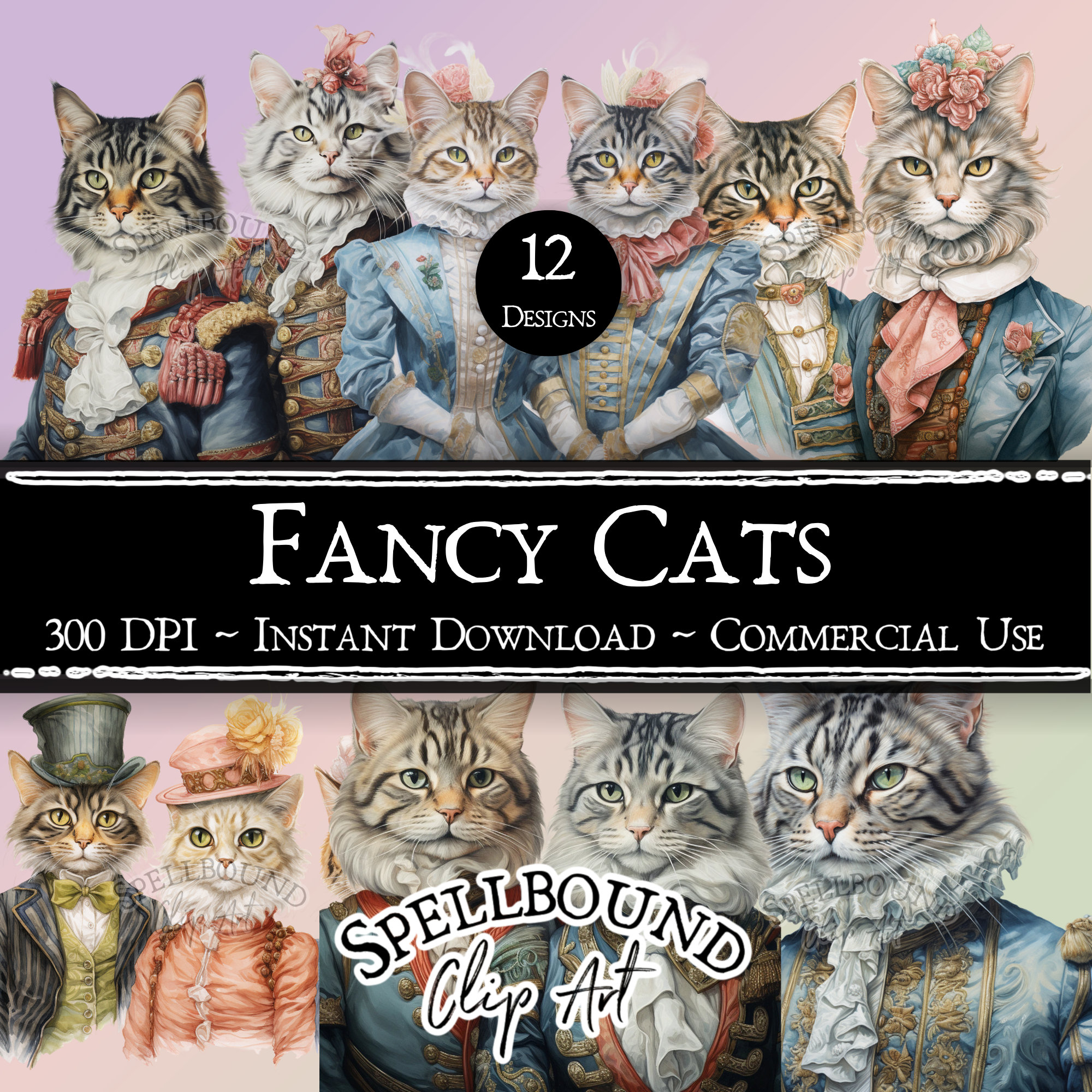 Fancy Cats Digital Clipart, Commercial Use, Instant Download, Cat ...