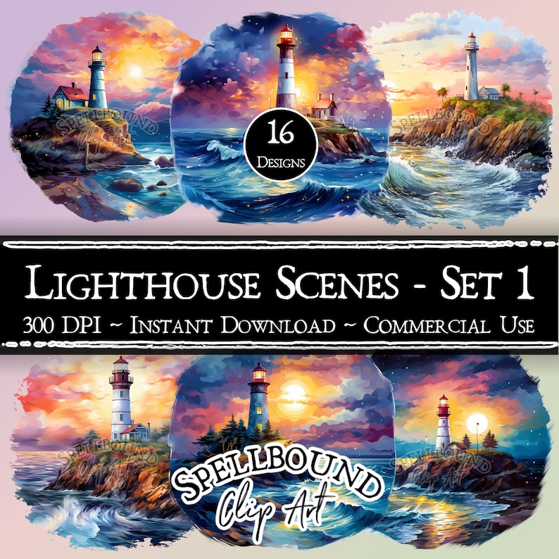 Lighthouse Scenes Digital Clipart, Commercial Use, Instant Download, Nature Clip Art, Ocean ...