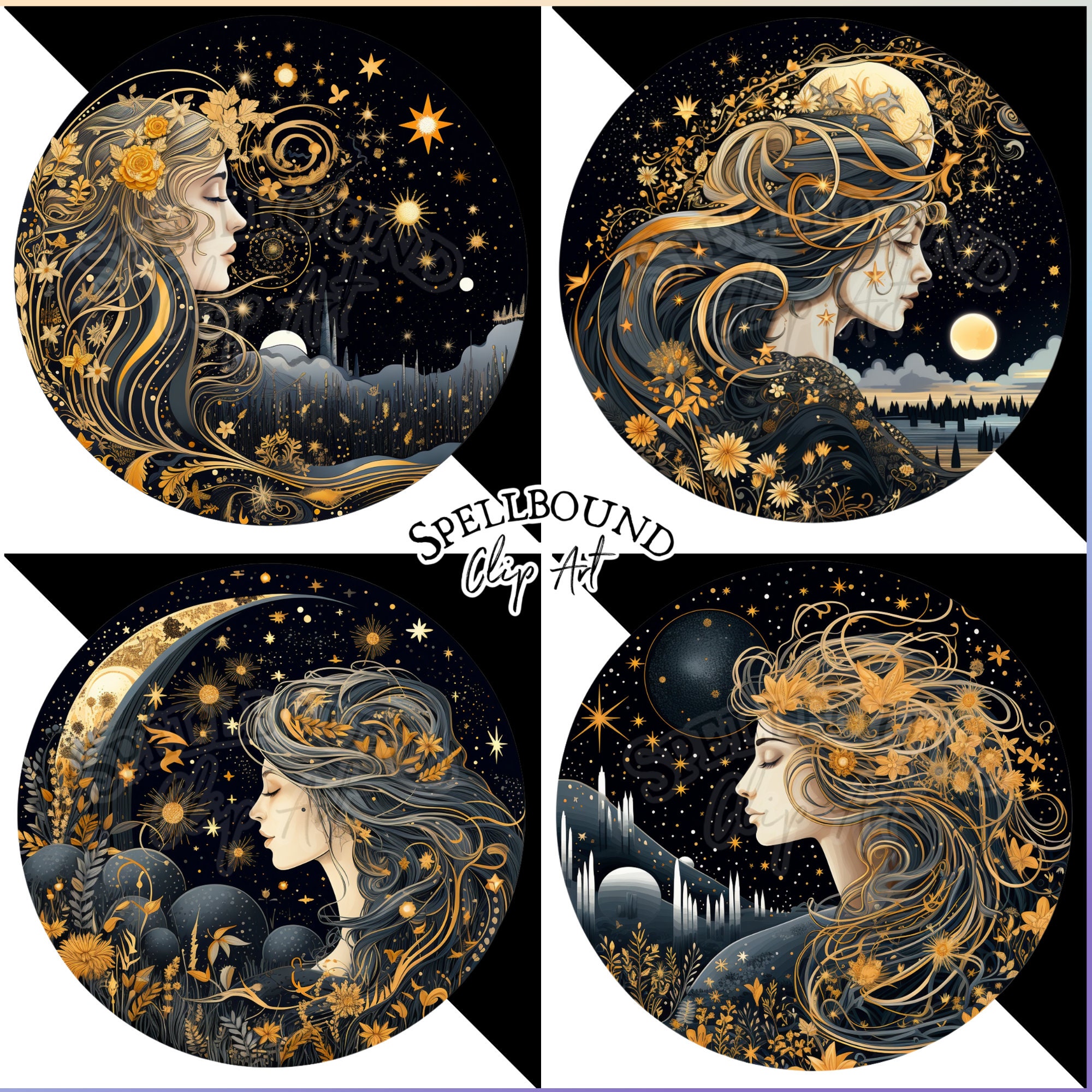 Moon Goddess Digital Clipart, Commercial Use, Instant Download, Blue ...
