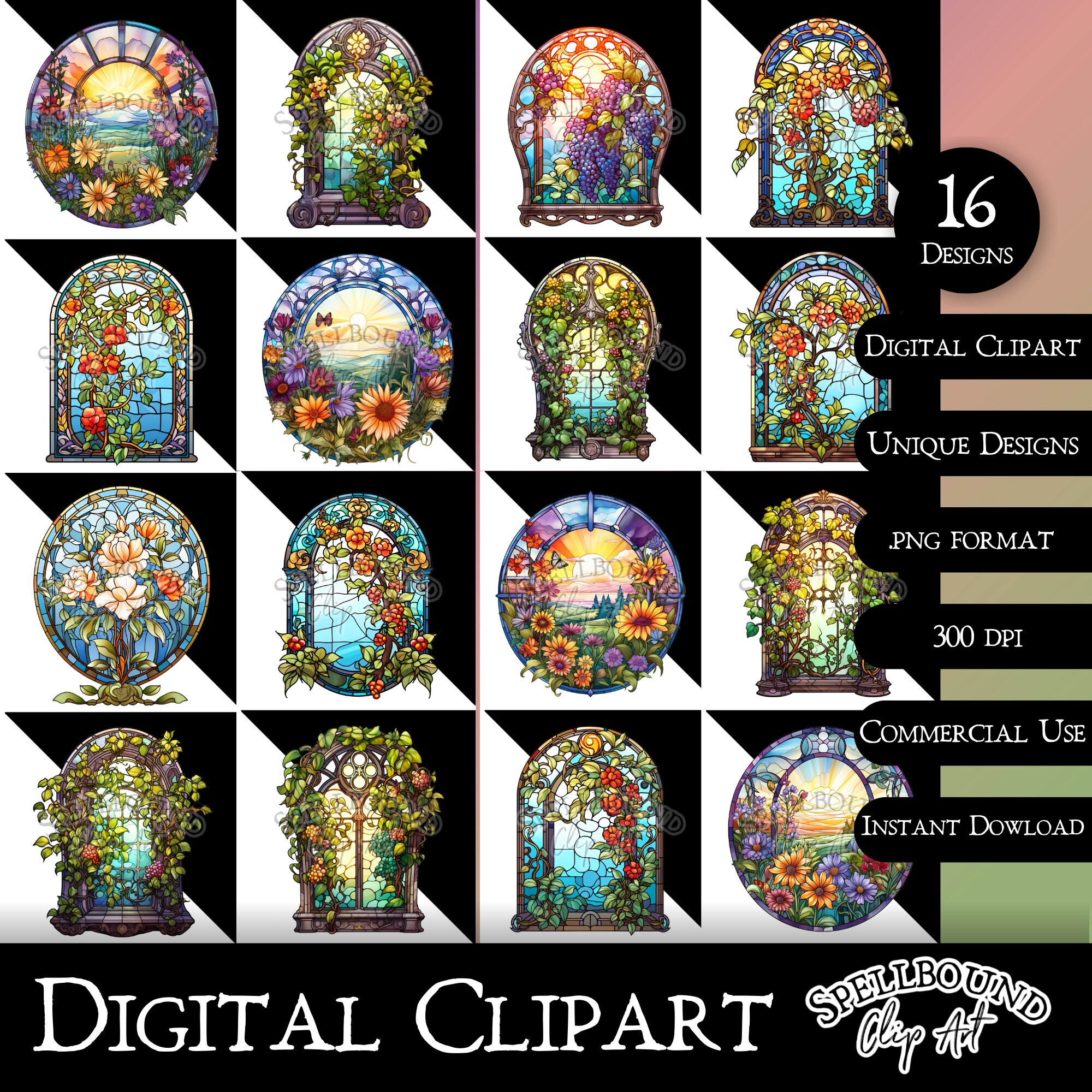 Floral Stained Glass Windows Digital Clipart, Commercial Use, Instant ...