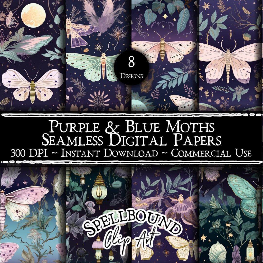 Purple and Blue Moths Seamless Digital Papers, Commercial Use, Instant ...
