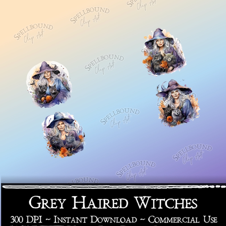 Watercolor Grey Hair Witches Digital Clipart, Commercial Use, Instant ...