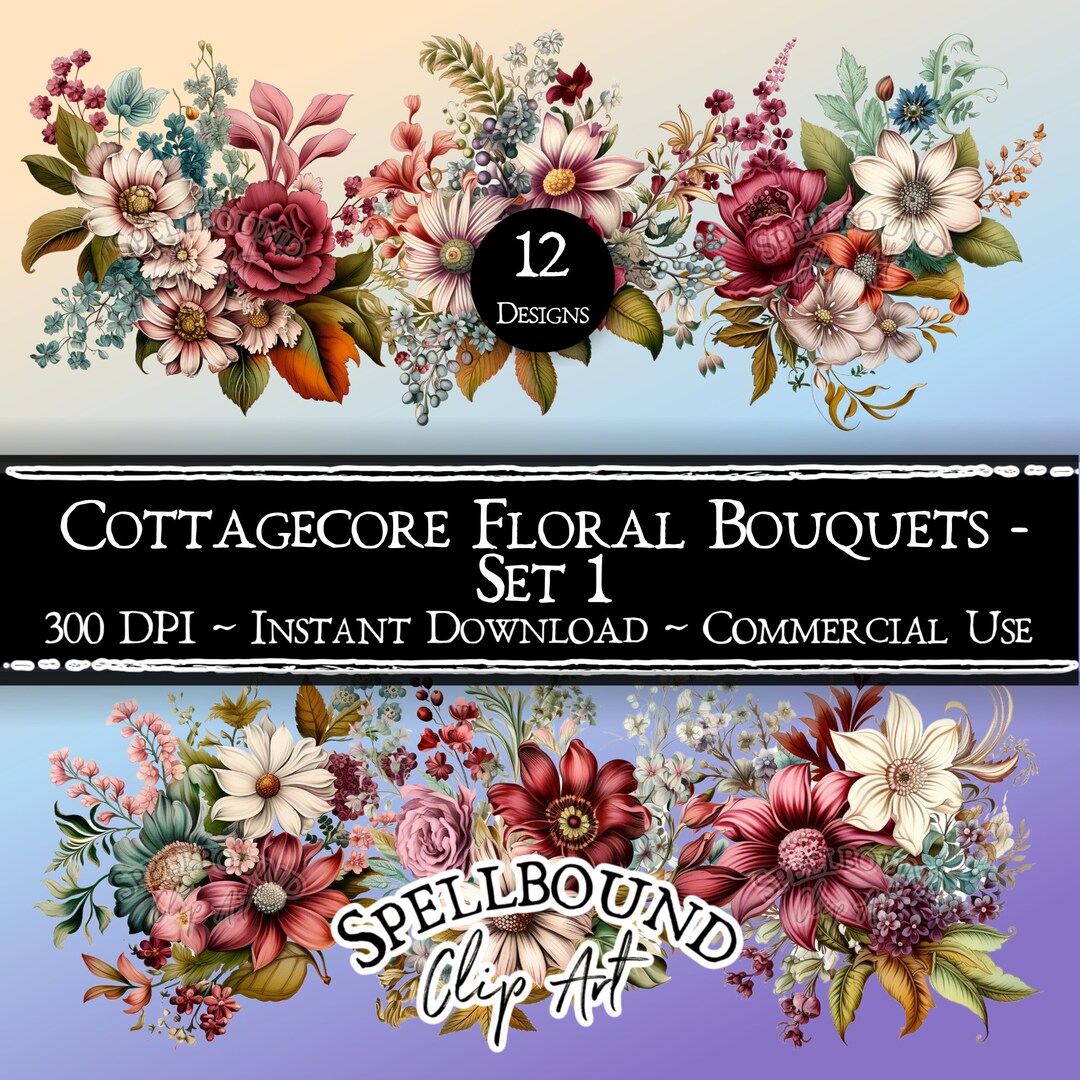 Cottagecore Flower Bouquets Digital Clipart, Commercial Use, Instant ...