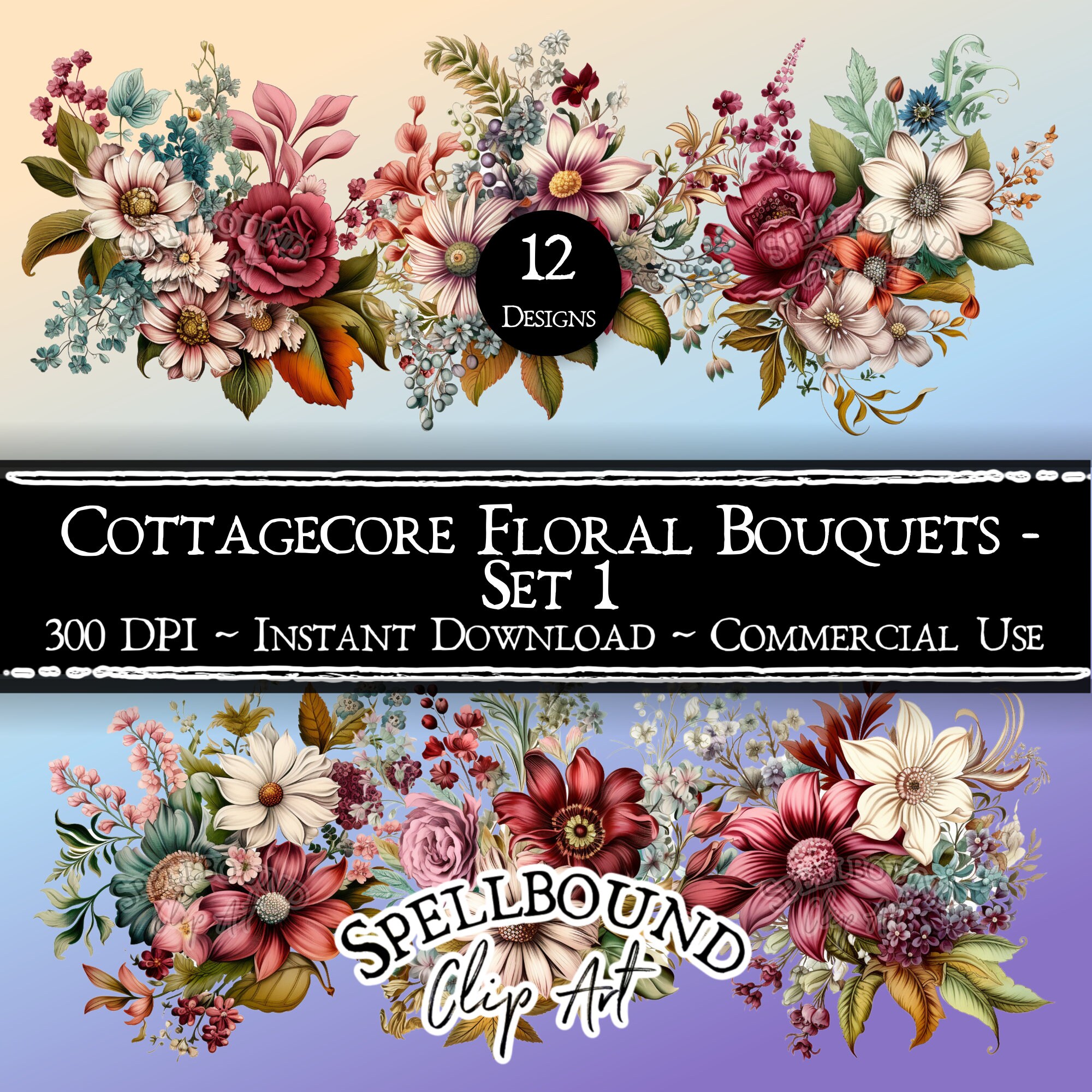 Cottagecore Flower Bouquets Digital Clipart, Commercial Use, Instant ...