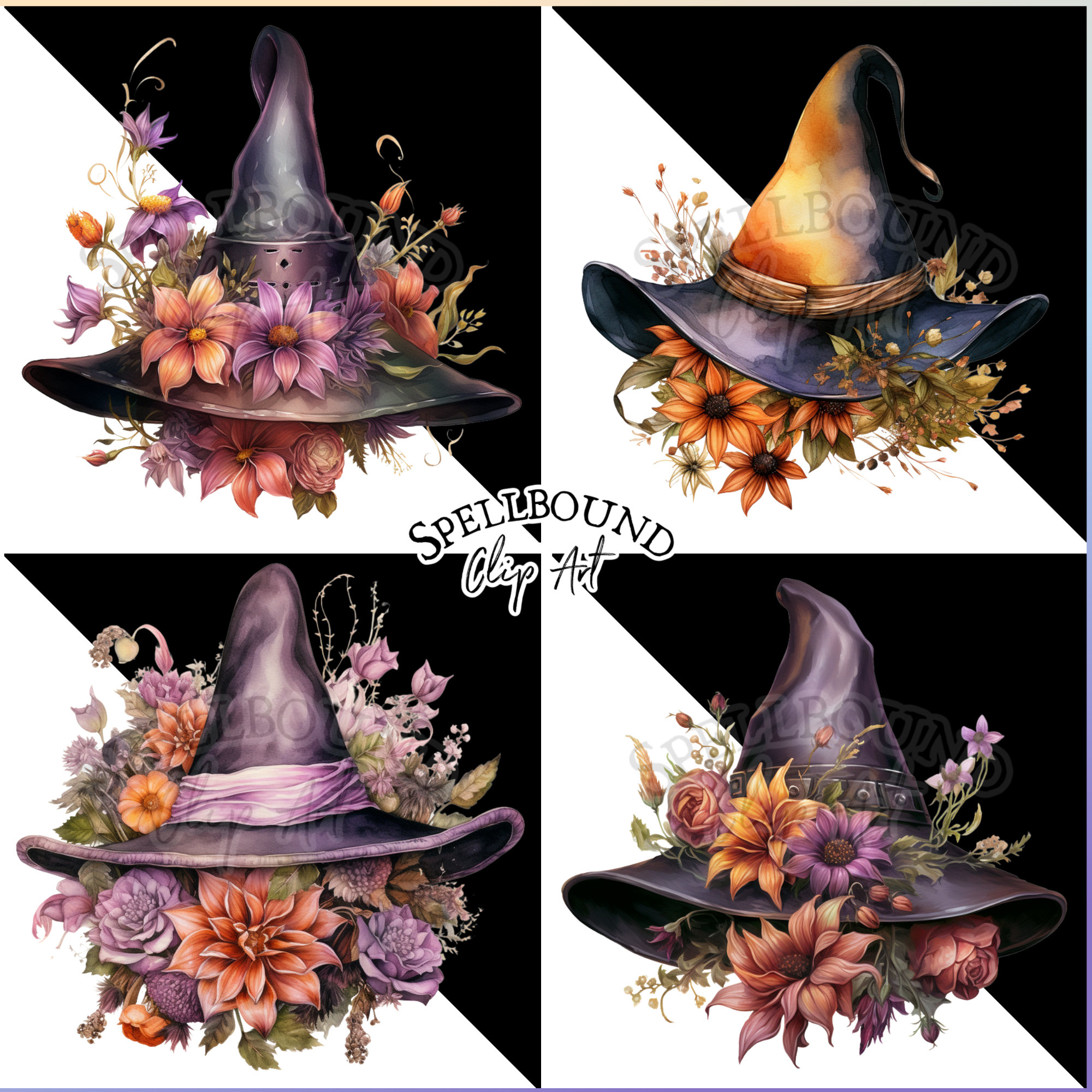Floral Witch Hat Digital Clipart Commercial Use Instant - Etsy