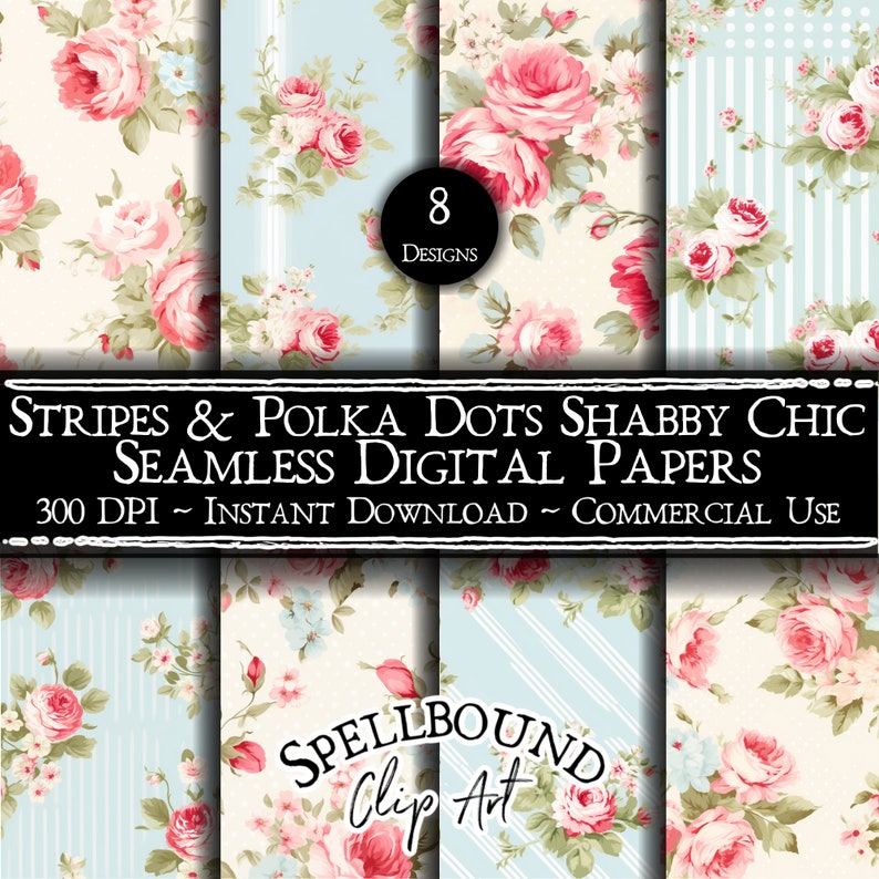 Stripes & Polka Dots Shabby Chic Seamless Digital Papers, Commercial ...