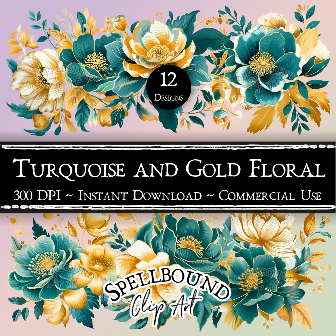 Turquoise & Gold Floral Bouquets Digital Clipart, Commercial Use ...