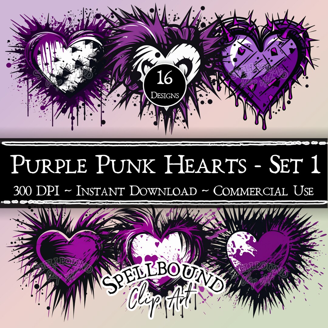 Purple Punk Hearts Digital Clipart, Commercial Use, Instant Download ...