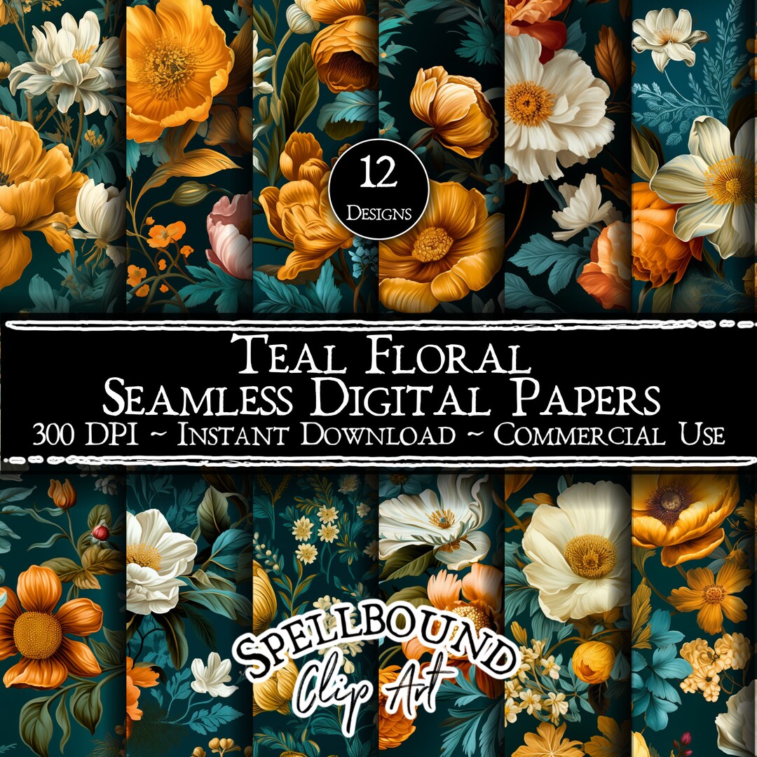 Teal Floral Seamless Digital Papers, Commercial Use, Instant Download ...