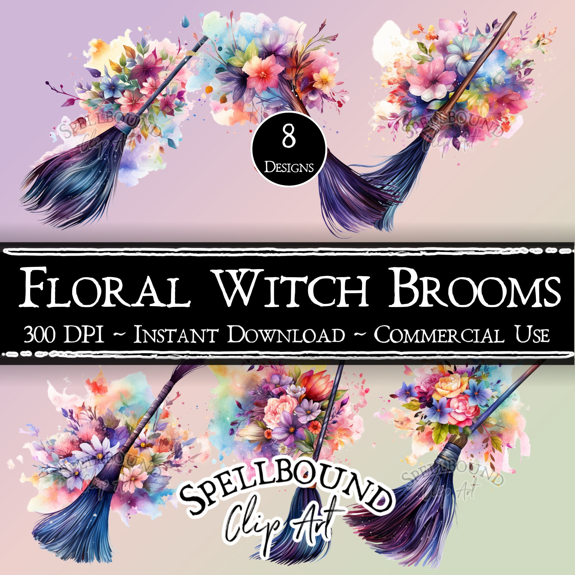 Floral Witch Brooms Digital Clipart, Commercial Use, Instant Download ...