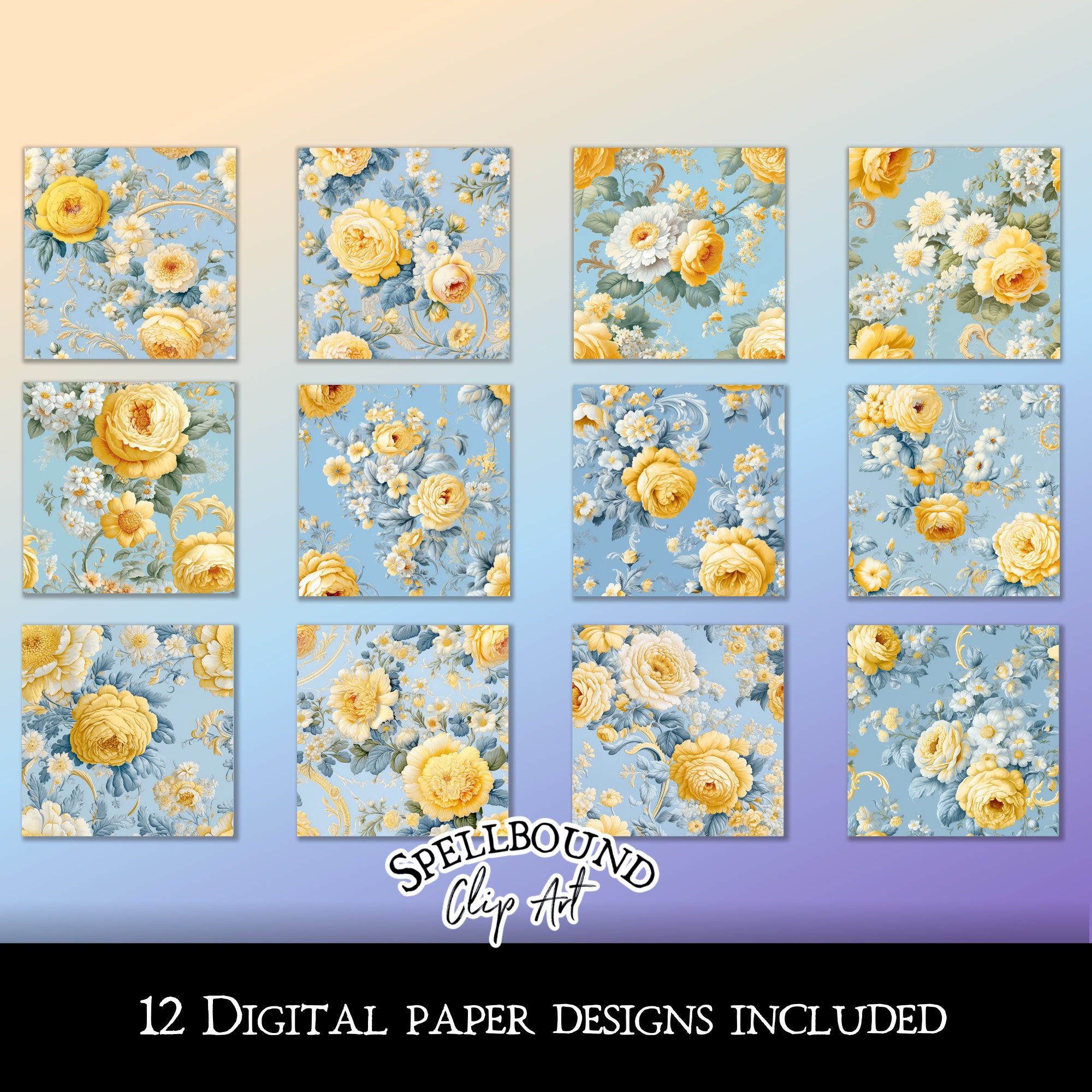 Light Blue and Yellow Floral Seamless Digital Papers, Commercial Use ...