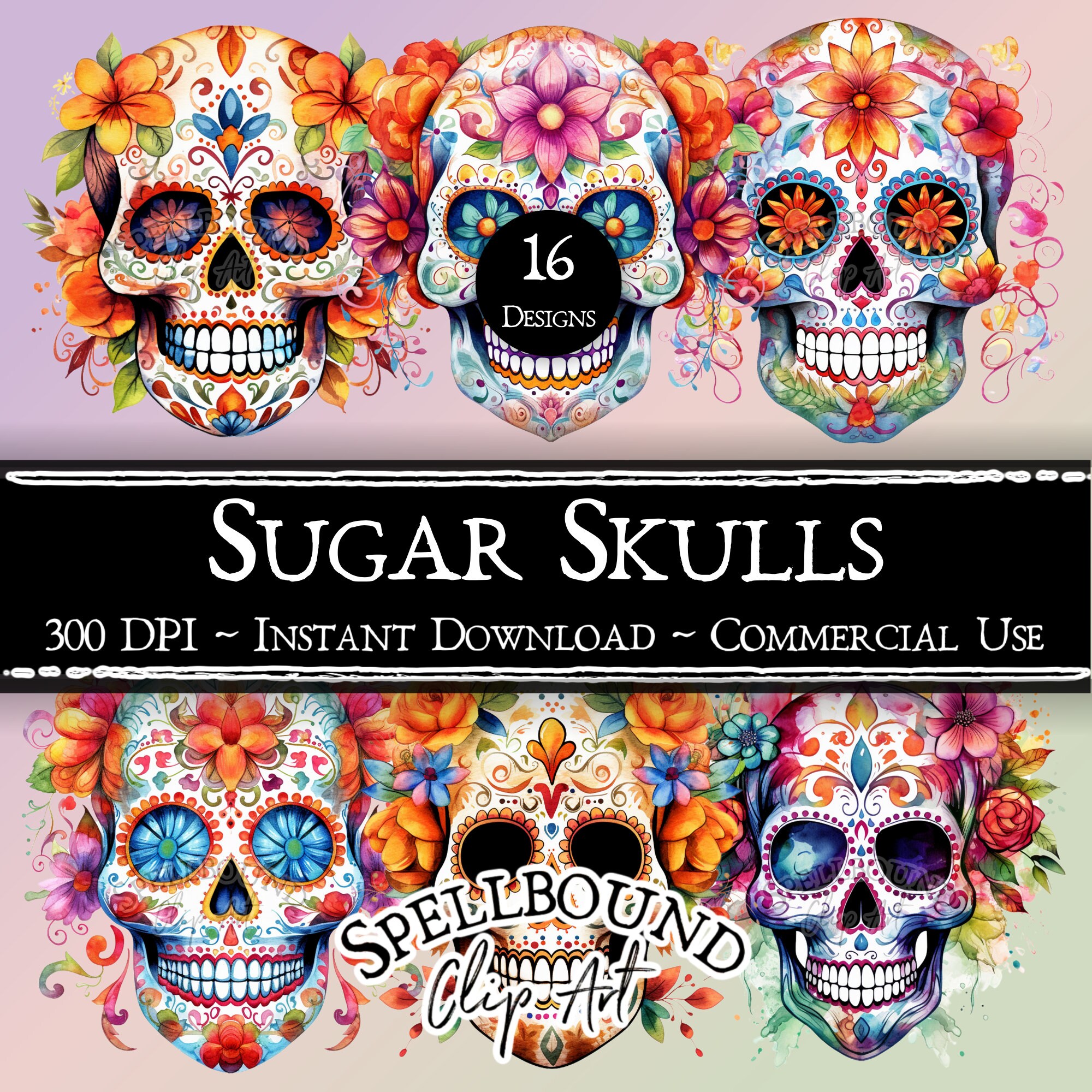 Sugar Skulls Digital Clipart, Commercial Use, Instant Download, Dia De ...