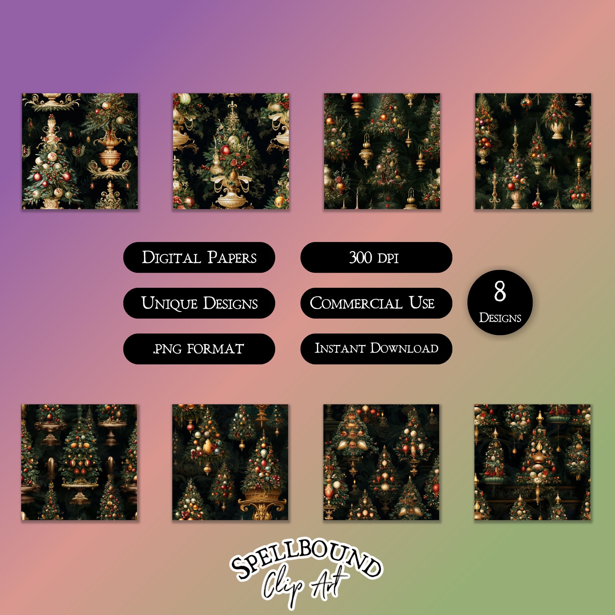 Rococo Christmas Trees Seamless Digital Papers, Commercial Use, Instant ...
