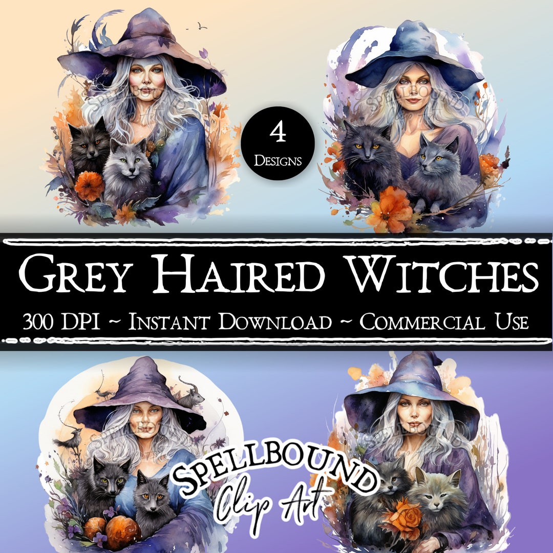 Watercolor Grey Hair Witches Digital Clipart, Commercial Use, Instant Download, Forest Witch ...