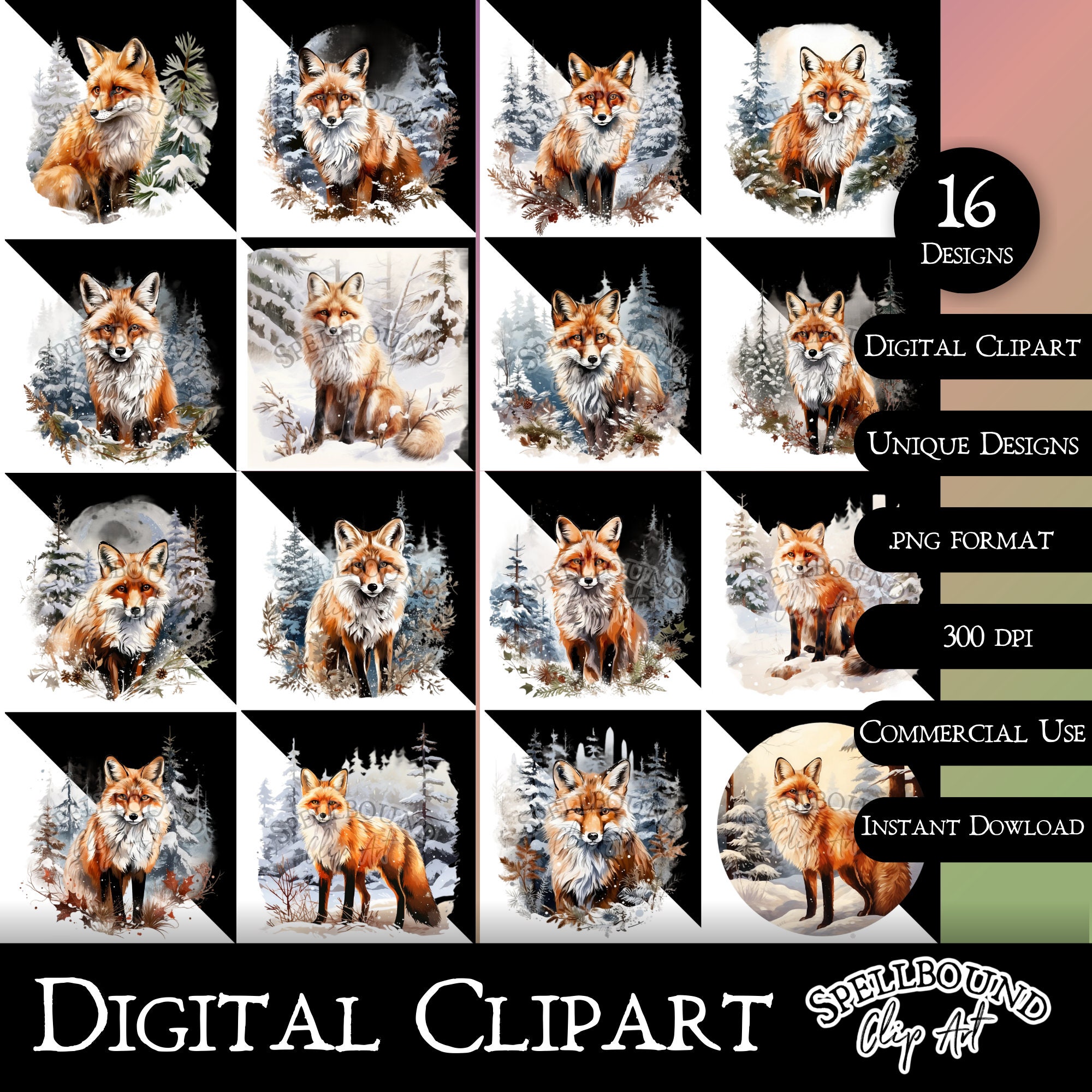 Winter Foxes Digital Clipart, Commercial Use, Instant Download ...