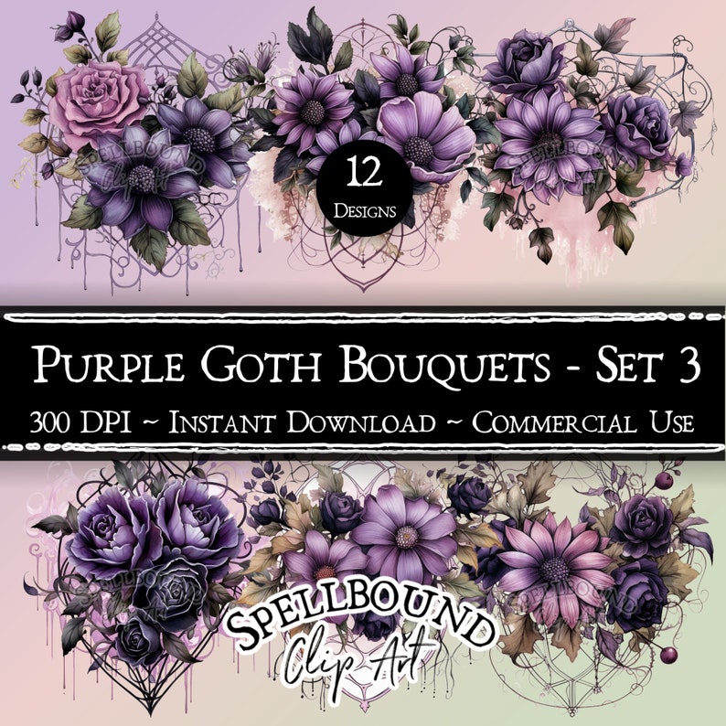 Purple Gothic Flower Bouquets Digital Clipart, Commercial Use, Instant ...
