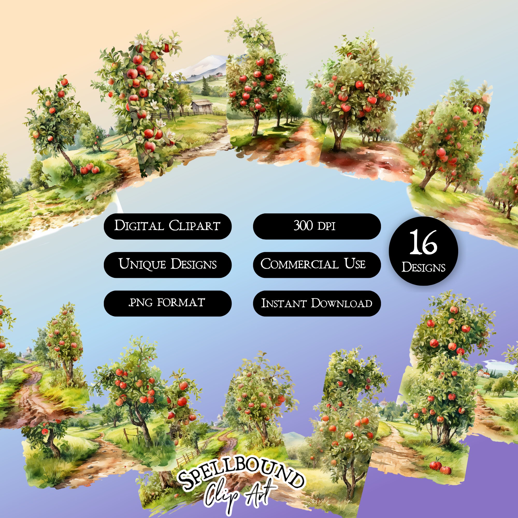 Watercolor Apple Orchard Clipart, Commercial Use, Instant Download ...