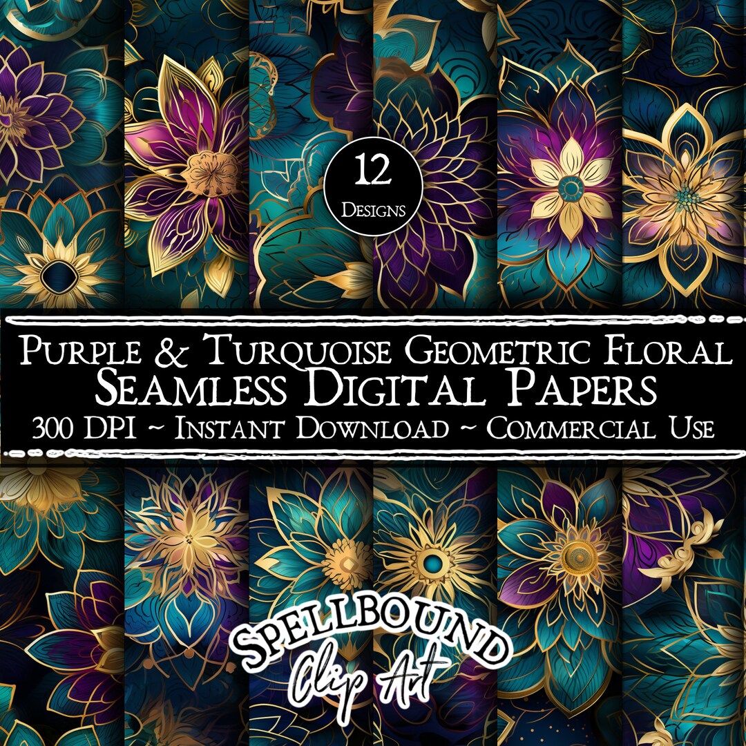 Purple and Turquoise Geometric Floral Seamless Digital Papers ...