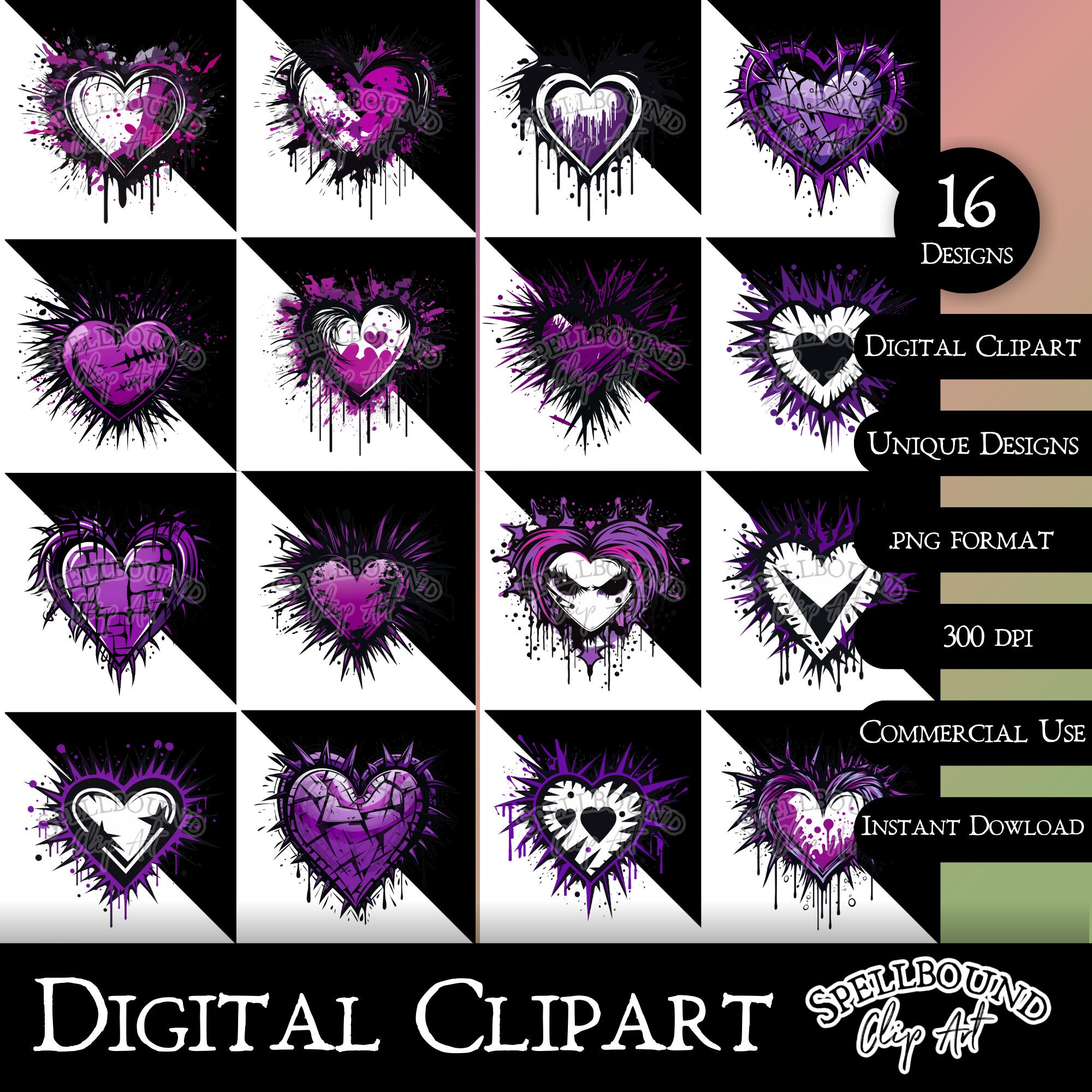 Purple Punk Hearts Digital Clipart, Commercial Use, Instant Download ...