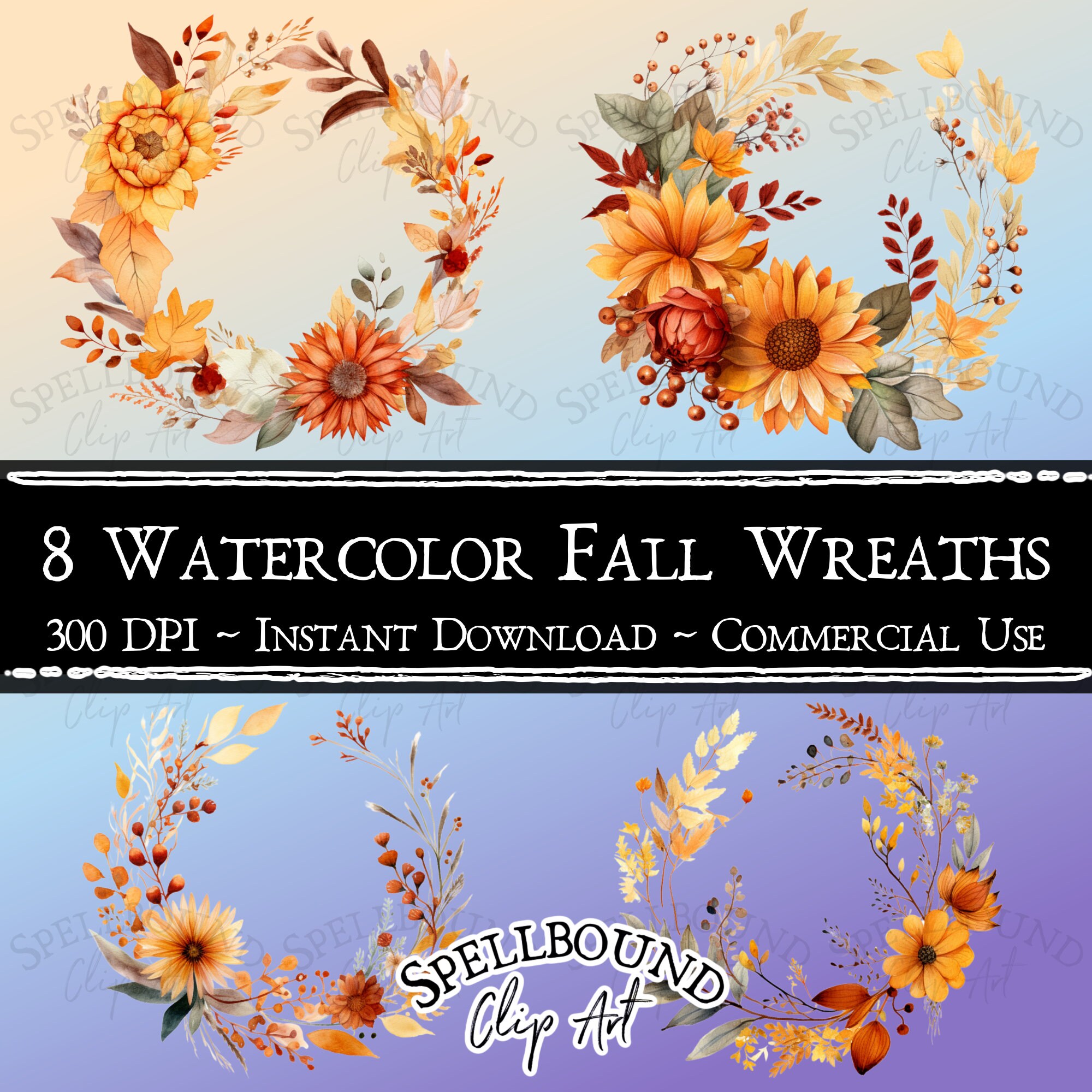 Watercolor Fall Wreath Digital Clipart Commercial Use - Etsy