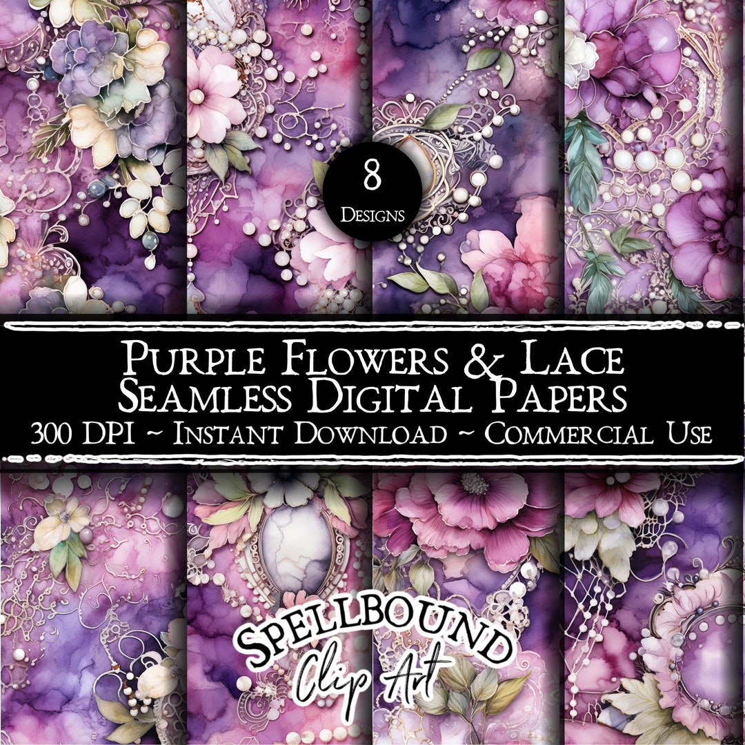 Purple Flowers and Lace Seamless Digital Papers, Commercial Use ...