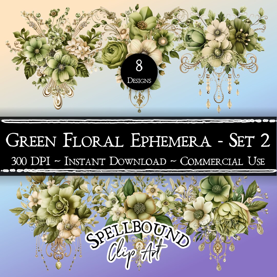 Green Floral Ephemera Digital Clipart, Commercial Use, Instant Download ...