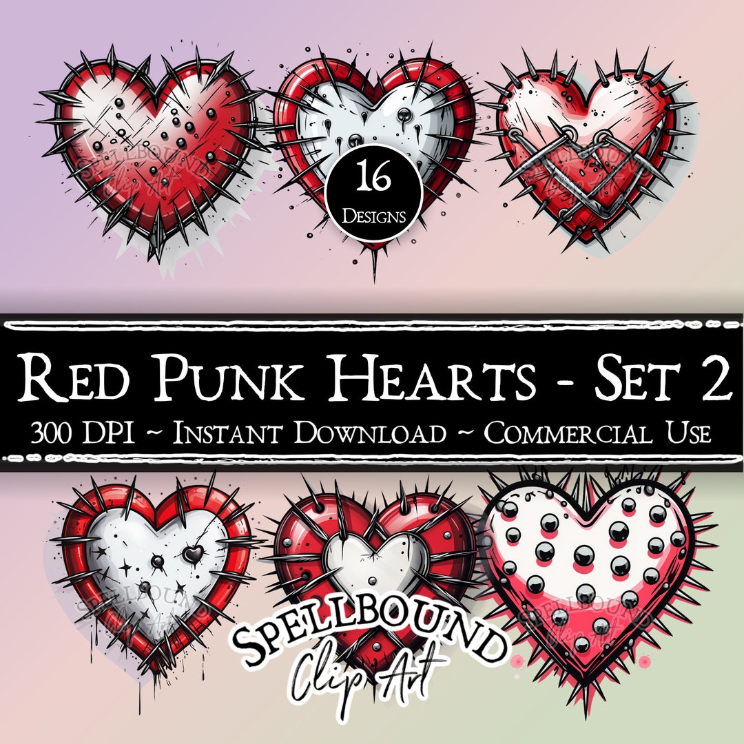Red Punk Hearts Digital Clipart, Commercial Use, Instant Download, PNG ...