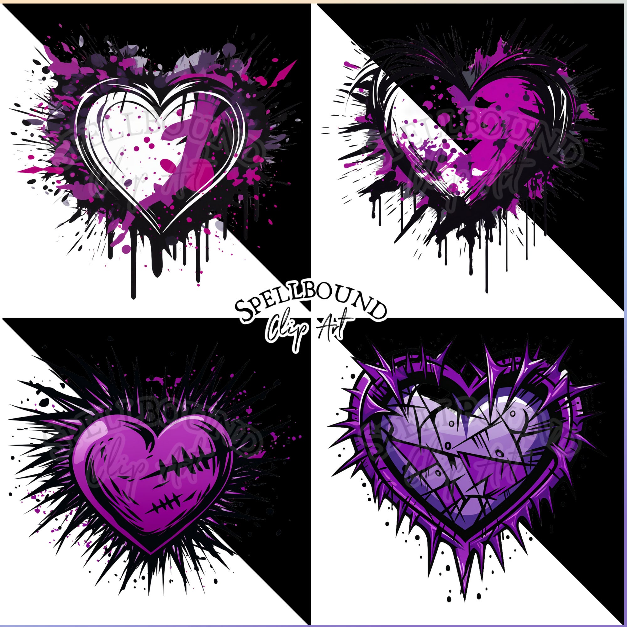 Purple Punk Hearts Digital Clipart, Commercial Use, Instant Download ...
