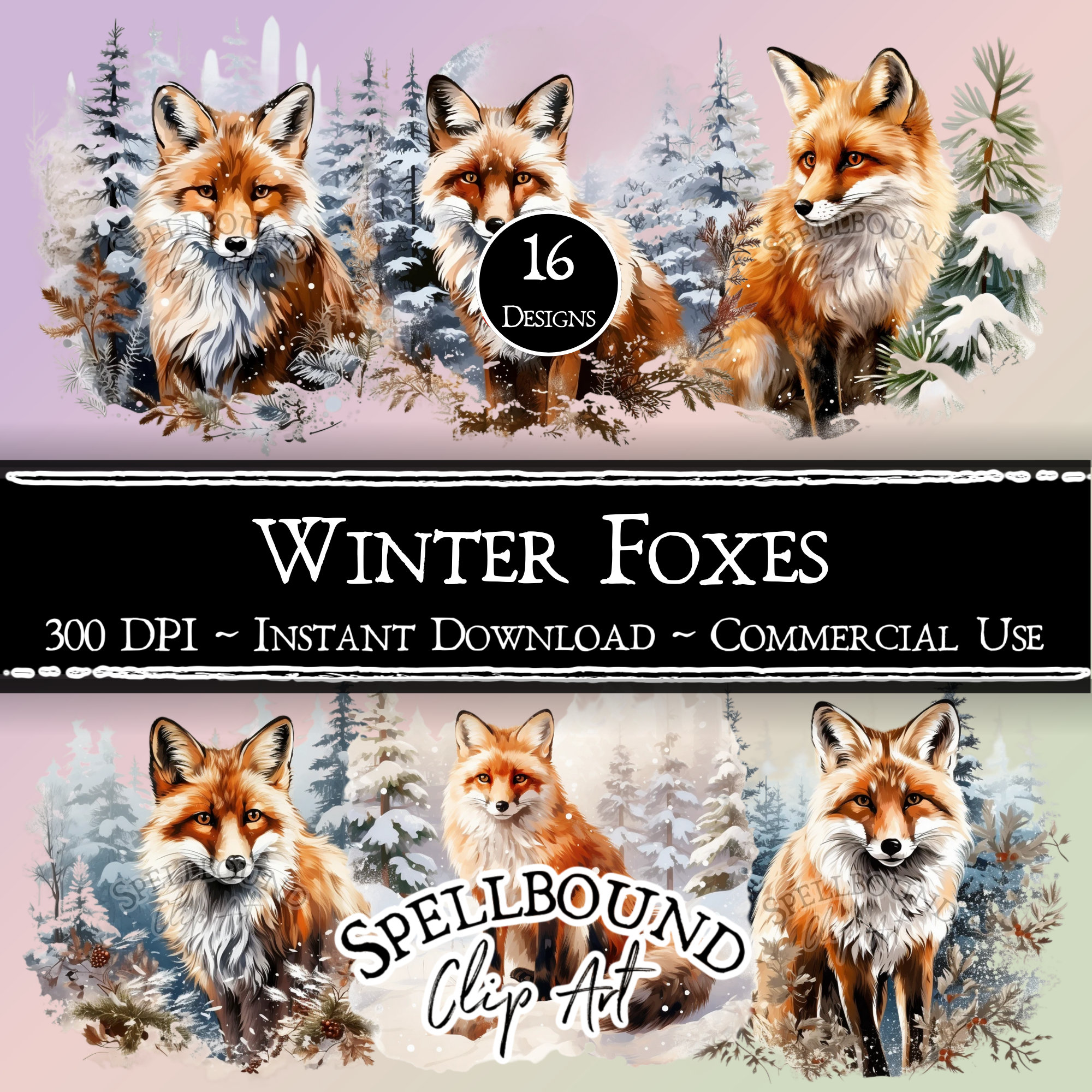 Winter Foxes Digital Clipart, Commercial Use, Instant Download ...