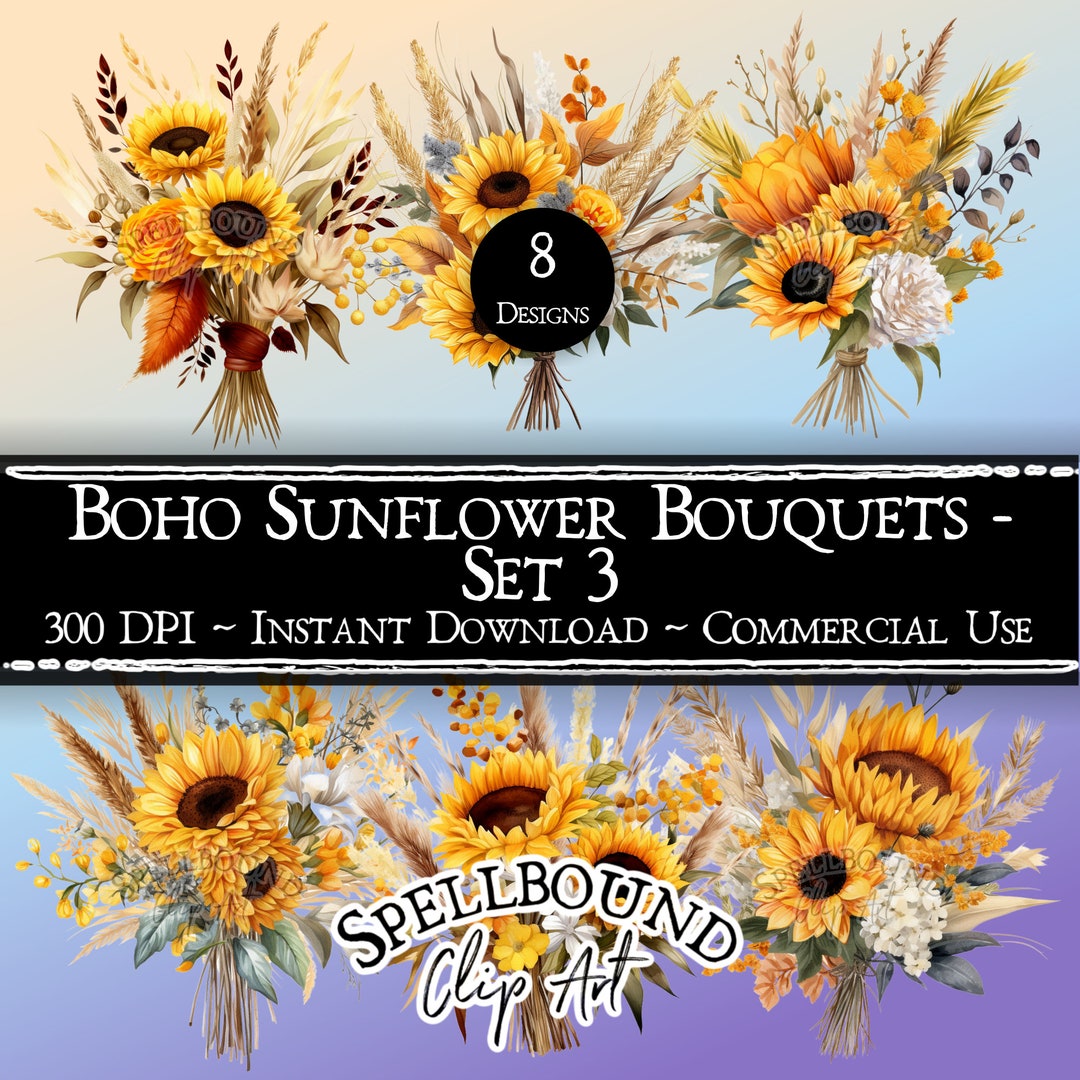 Boho Sunflower Bouquets Digital Clipart, Commercial Use, Instant ...
